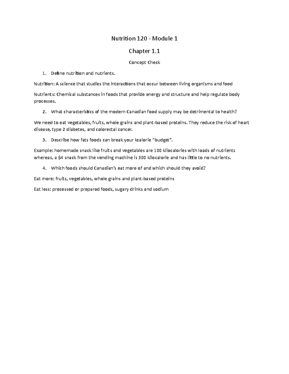 Module 1 - Notes + Questions - Nutrition 120 - Module 1 Chapter 1 ...