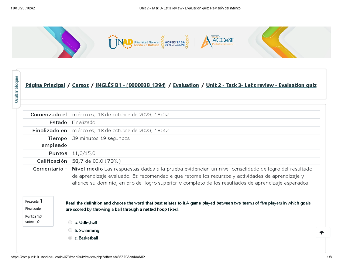 Unit 2 - Task 3- Let's review - Evaluation quiz Revisión del intento - Pregunta 1 Finalizado ...