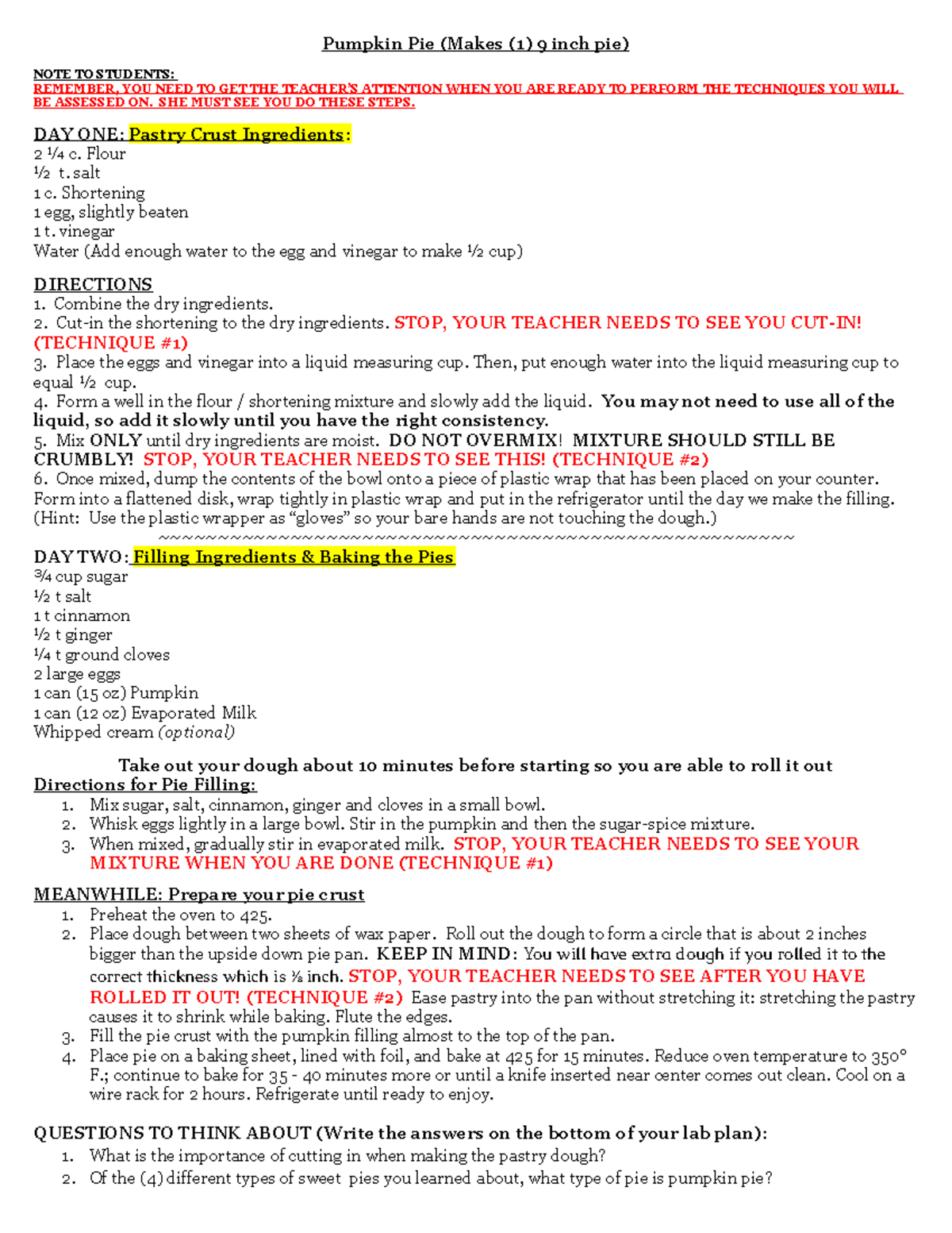 Pumpkin Pie Recipe - Pumpkin Pie (Makes (1) 9 inch pie) NOTE TO ...