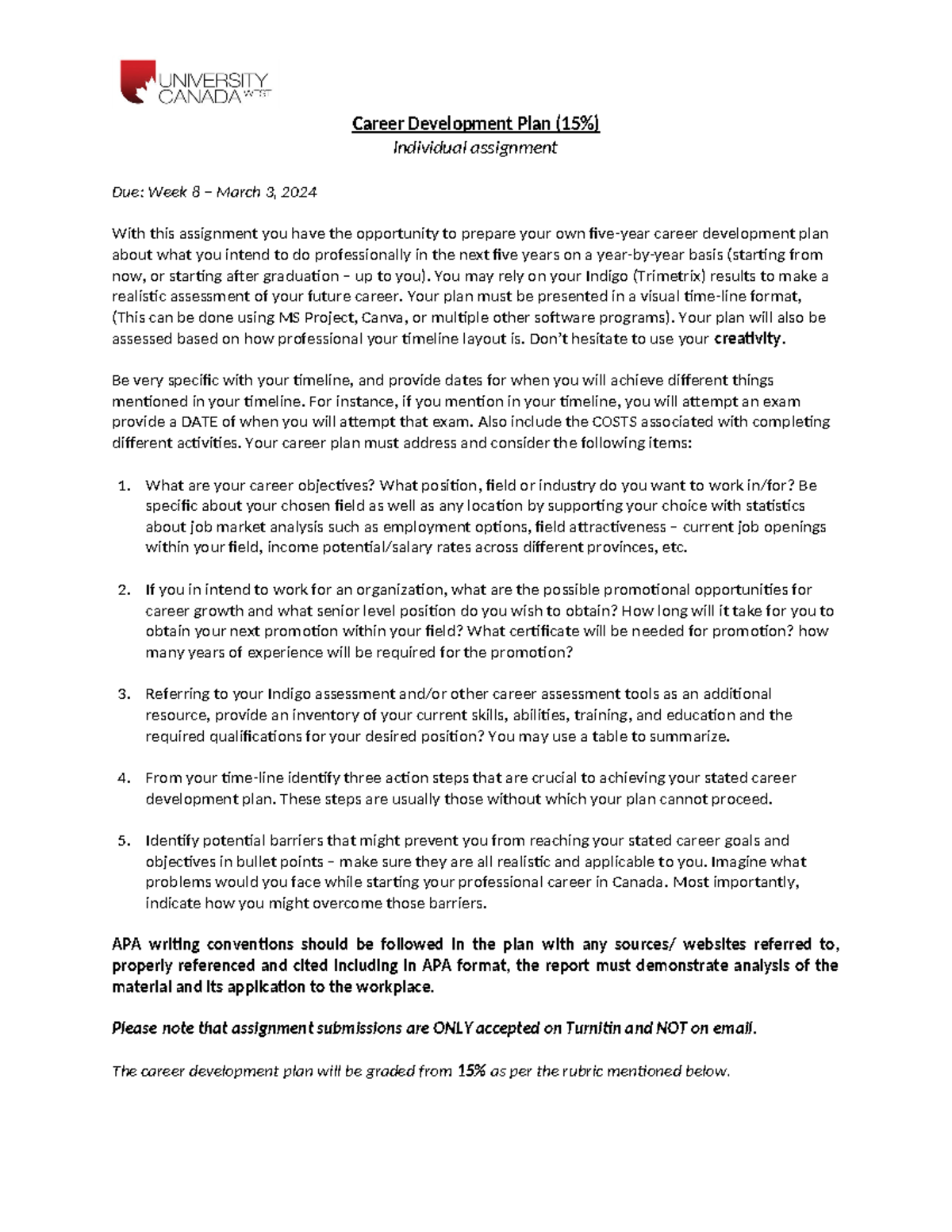 Career Development Plan Winter 2024 - Career Development Plan (15% ...