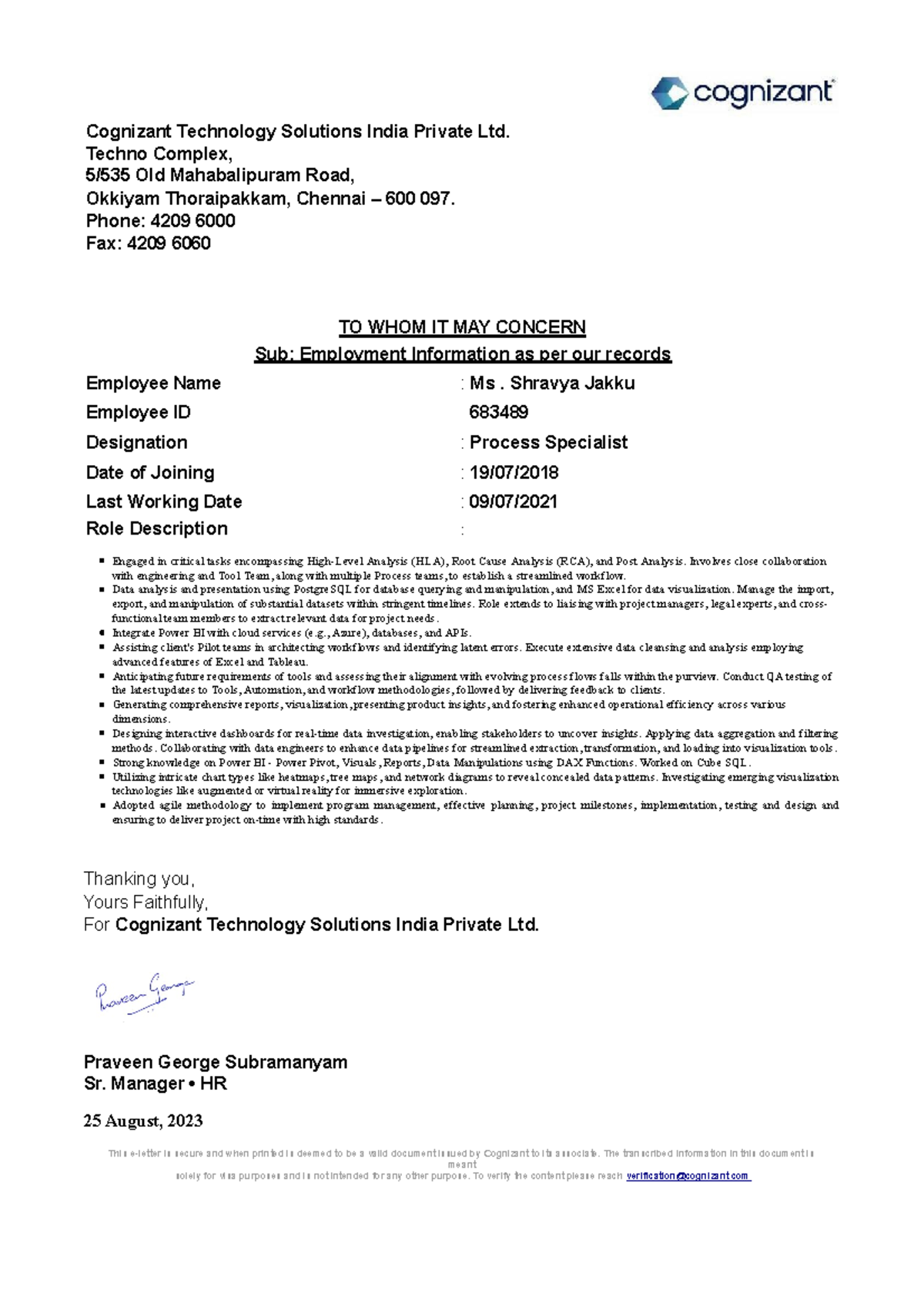 Roles Letter - Cognizant Technology Solutions India Private Ltd. Techno ...