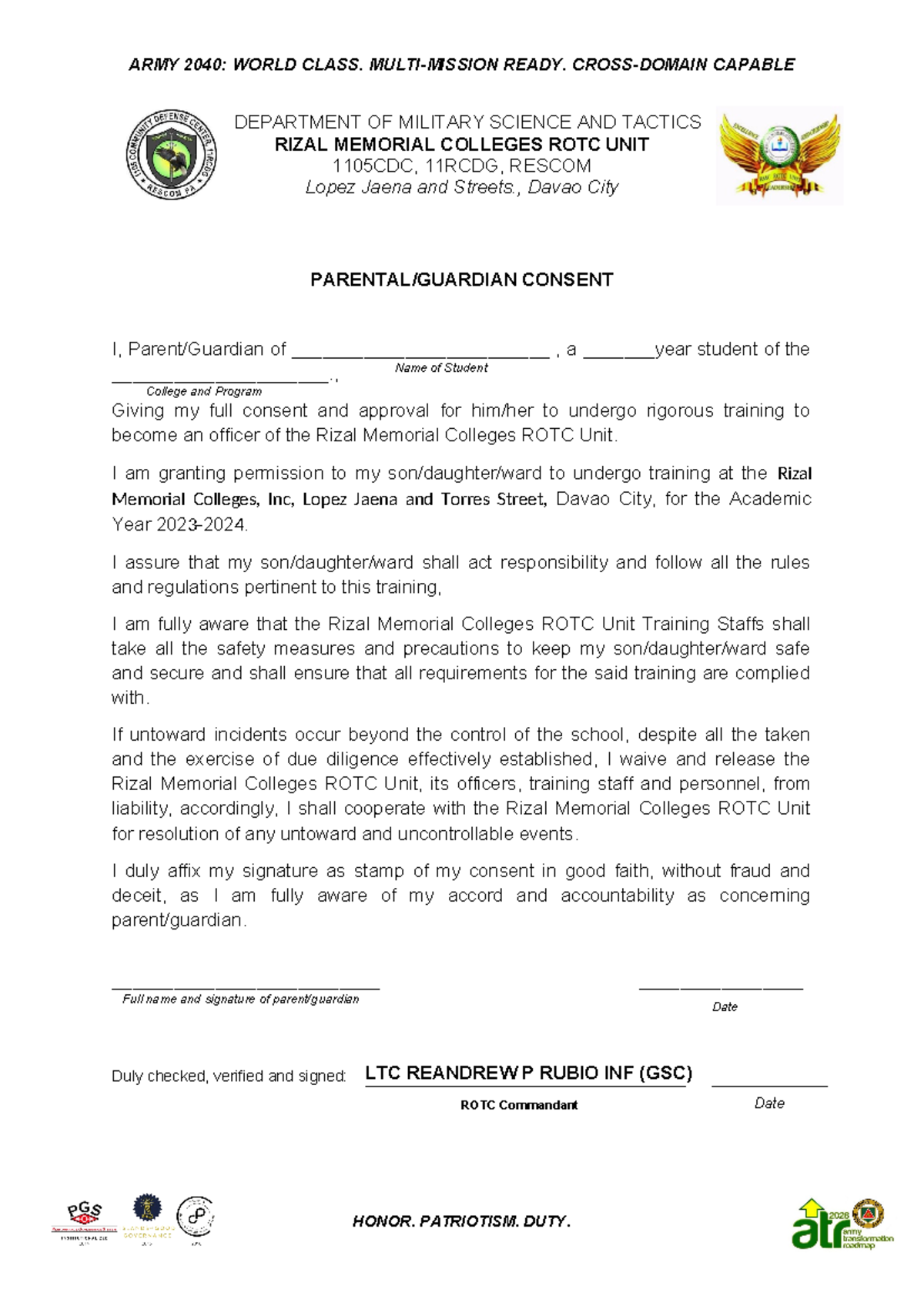 Aspirant- Parentalguardian- Consent 1 - College and Program Name of ...