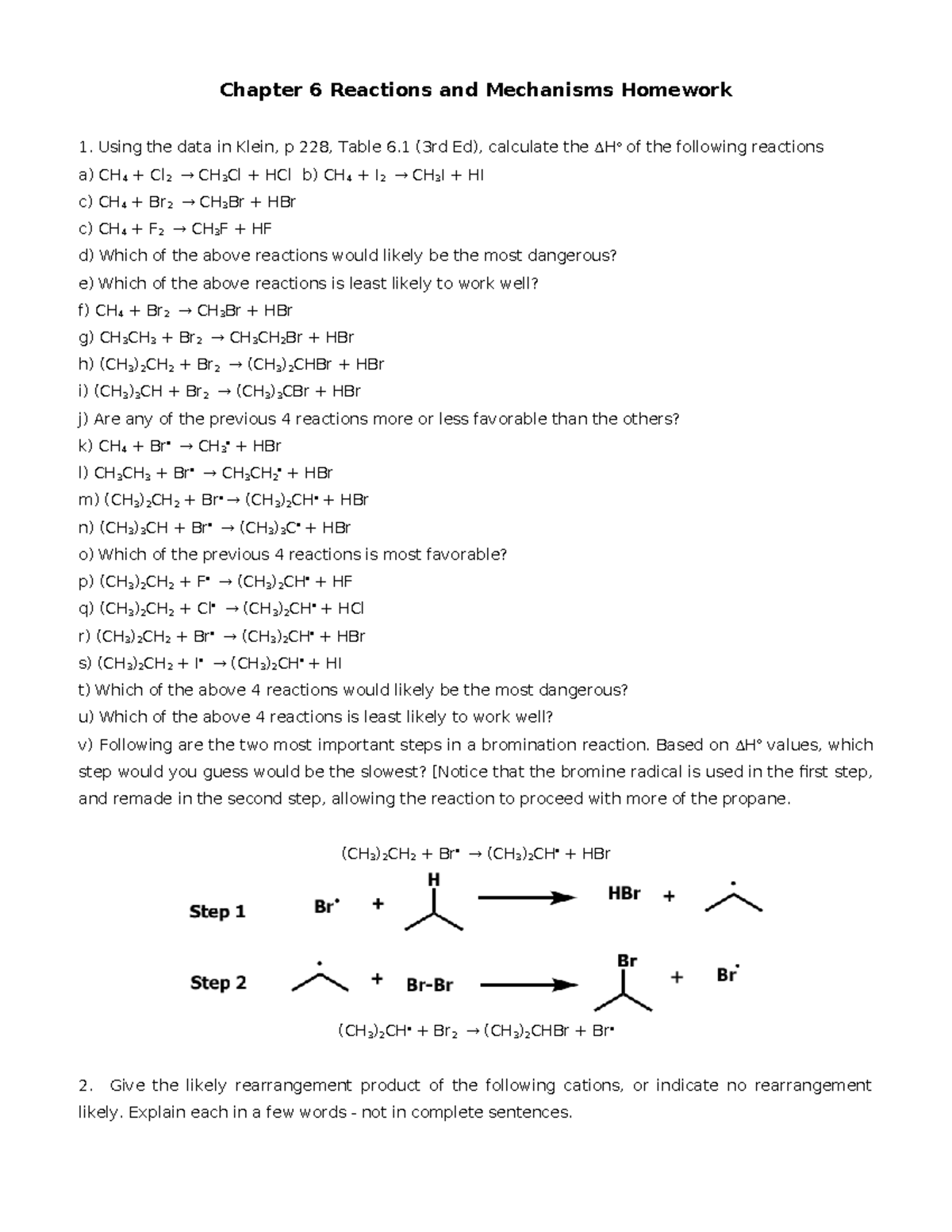 CHEM 222 Chap 6 React and Mech HW F24 - Chapter 6 Reactions and ...