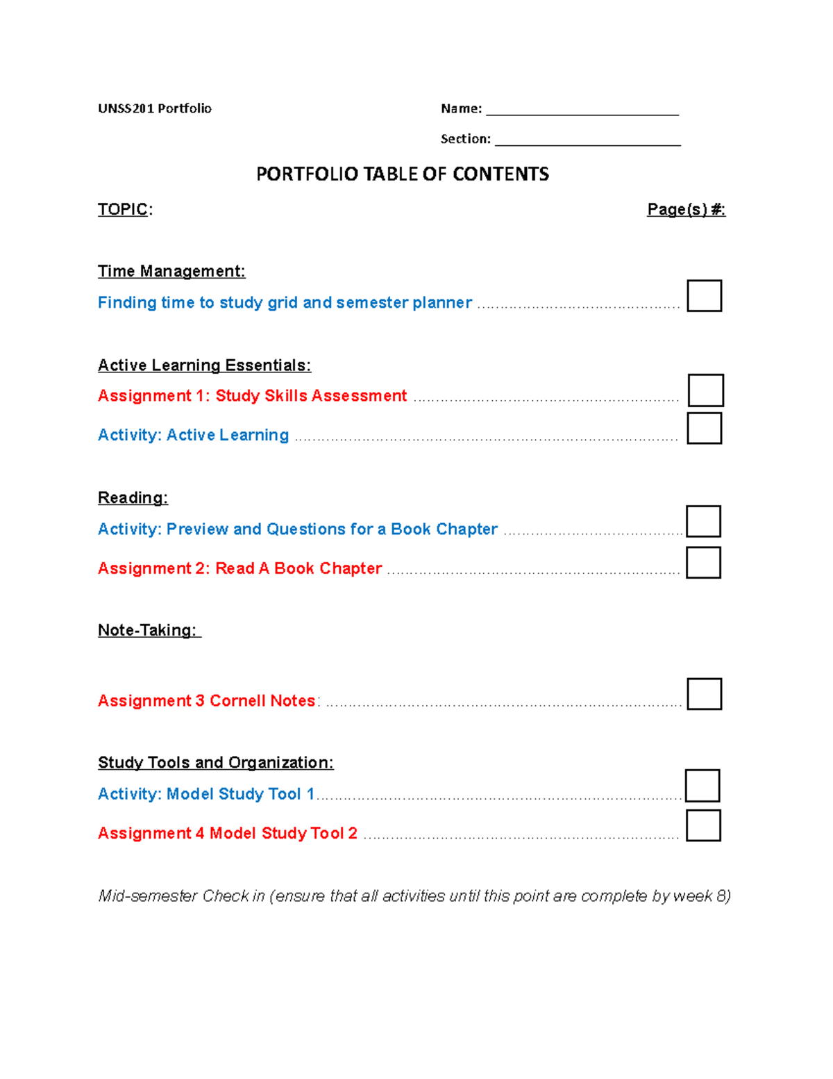UNSS 201 Portfolio Table of Contents - UNSS201 Portfolio Name