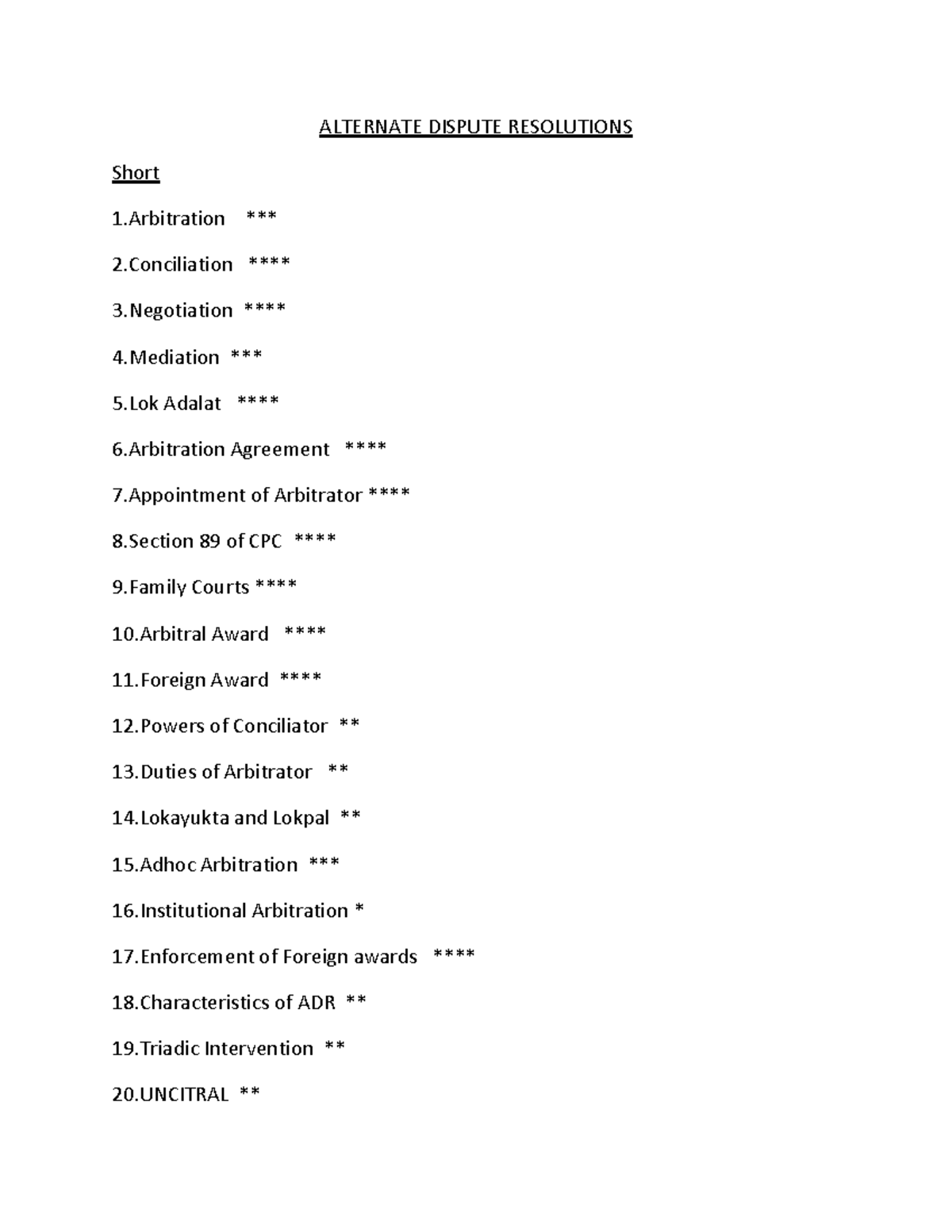 ADR Important Questions - ALTERNATE DISPUTE RESOLUTIONS Short 1 *** 2 **** 3 **** 4 *** 5 Adalat ...