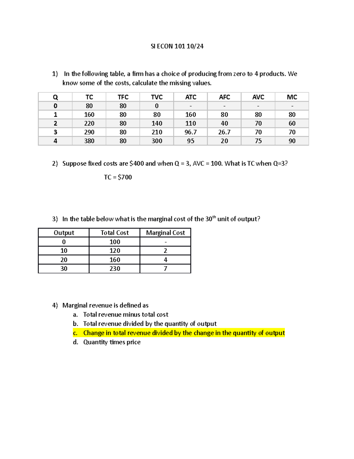Si oct 24 KEY actual - practice problems for marginal cost and marginal ...