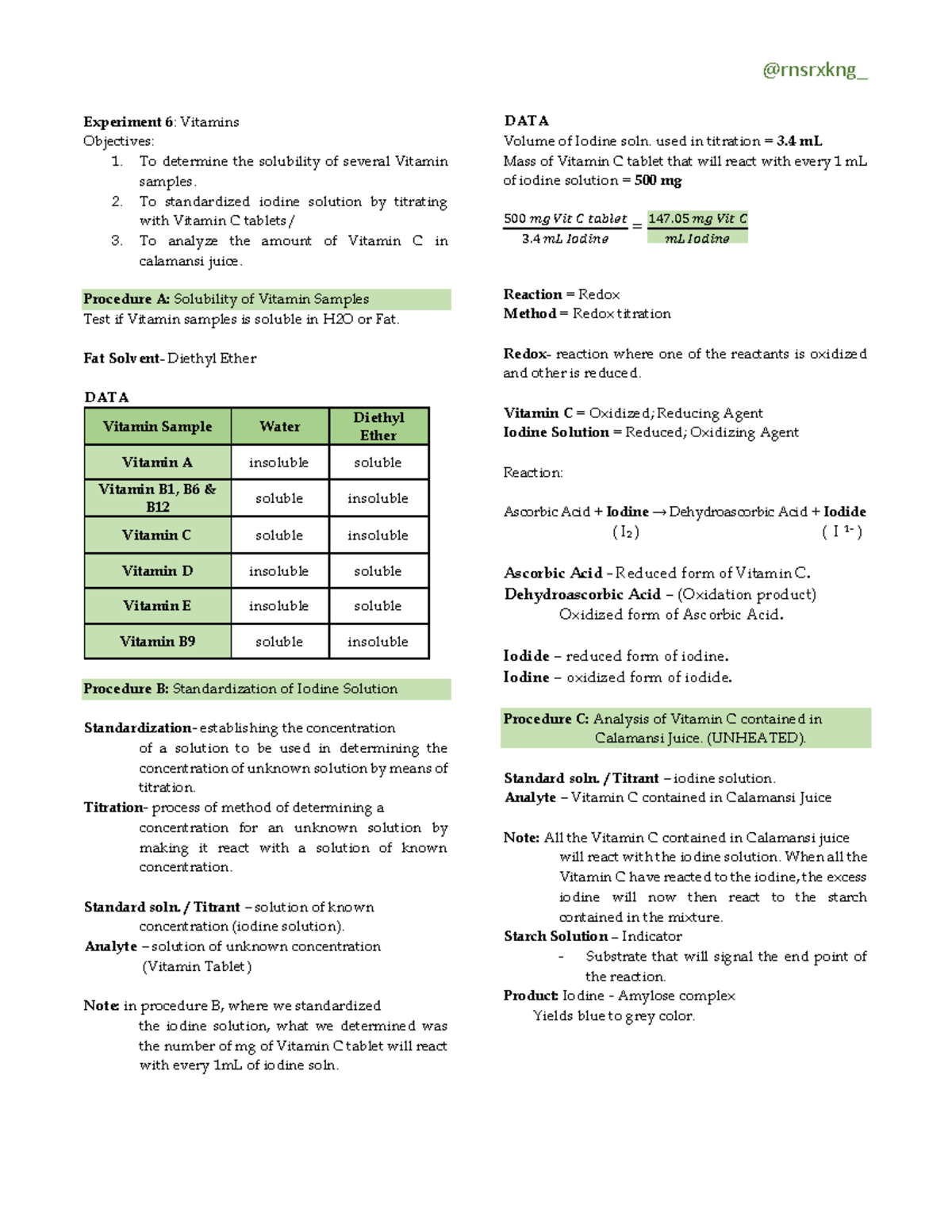 Experiment 6 Vitamin - Lab report - @rnsrxkng_ Experiment 6 : Vitamins ...