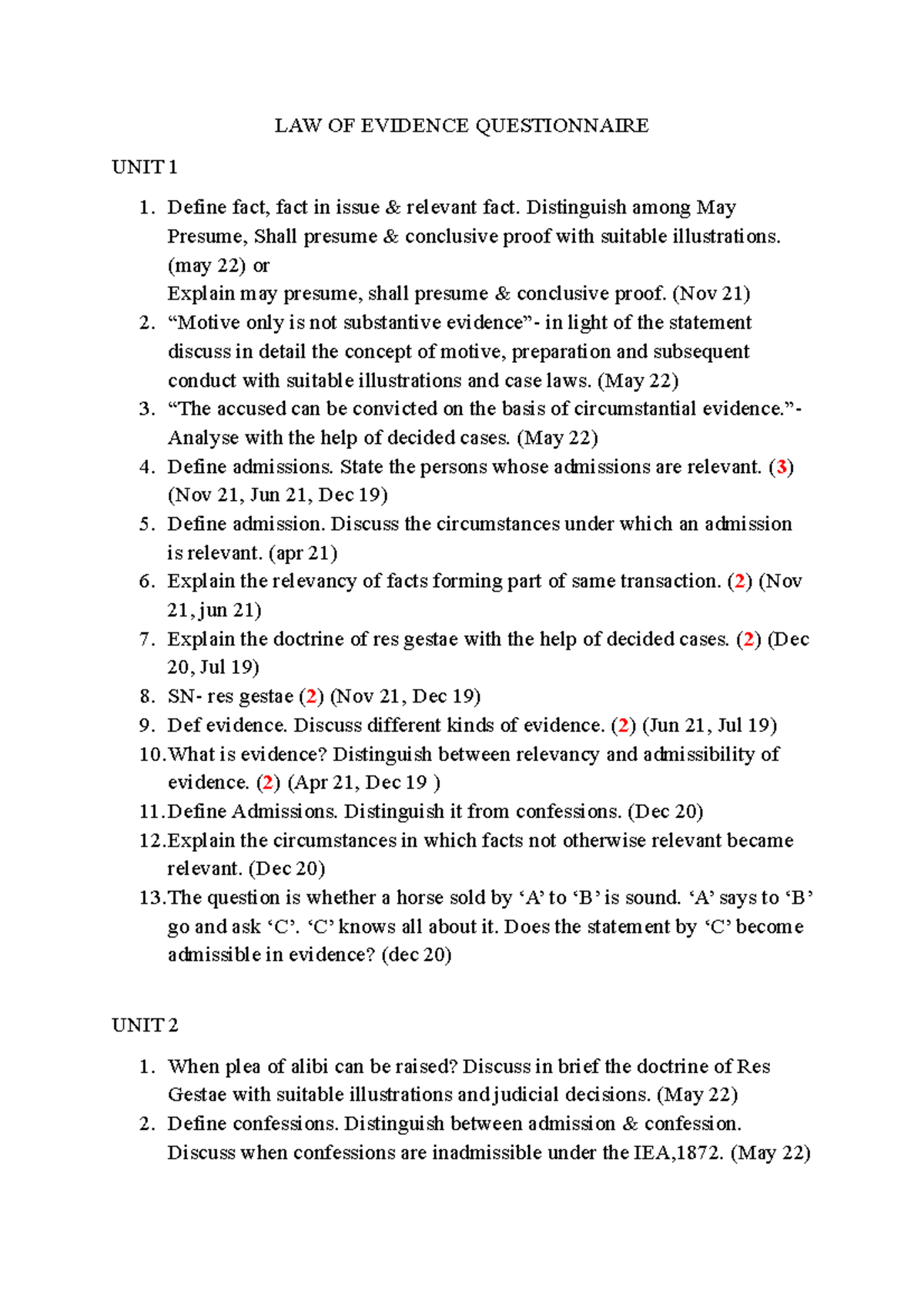 Evidence questionnaire - LAW OF EVIDENCE QUESTIONNAIRE UNIT 1 Define ...