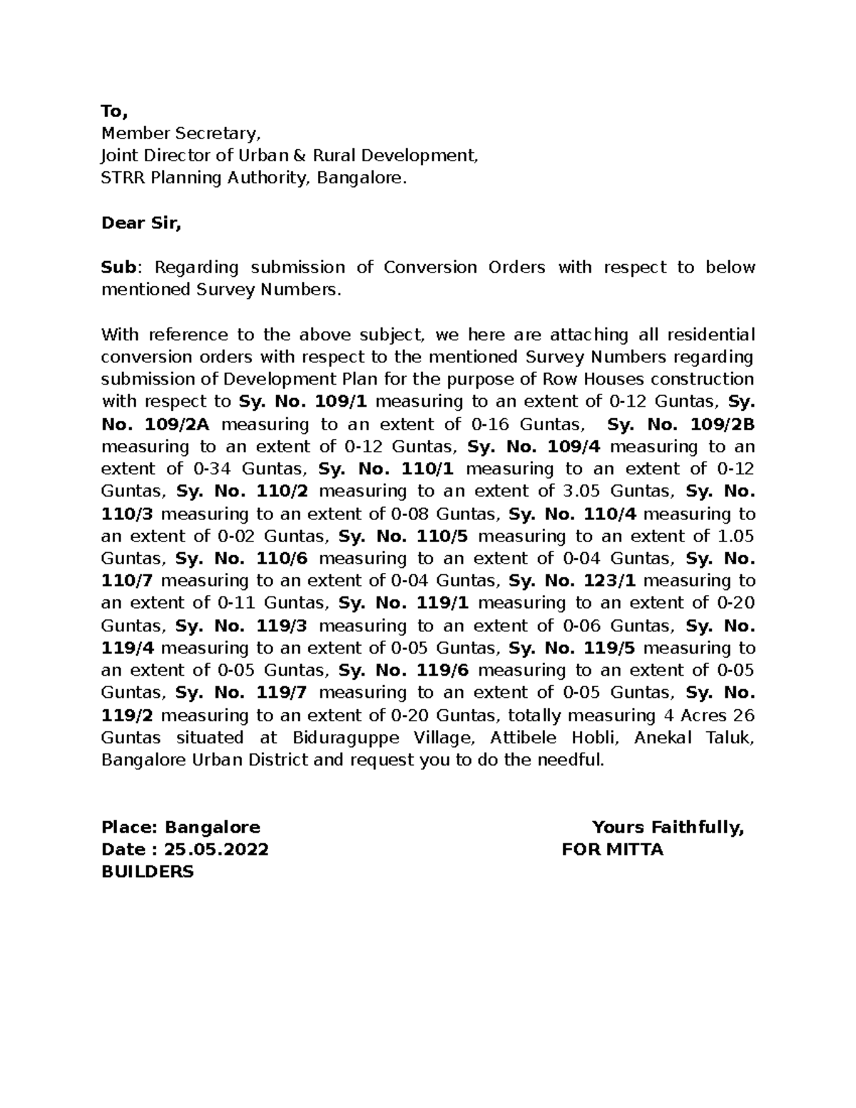 Letter for Conversion order - To, Member Secretary, Joint Director of ...