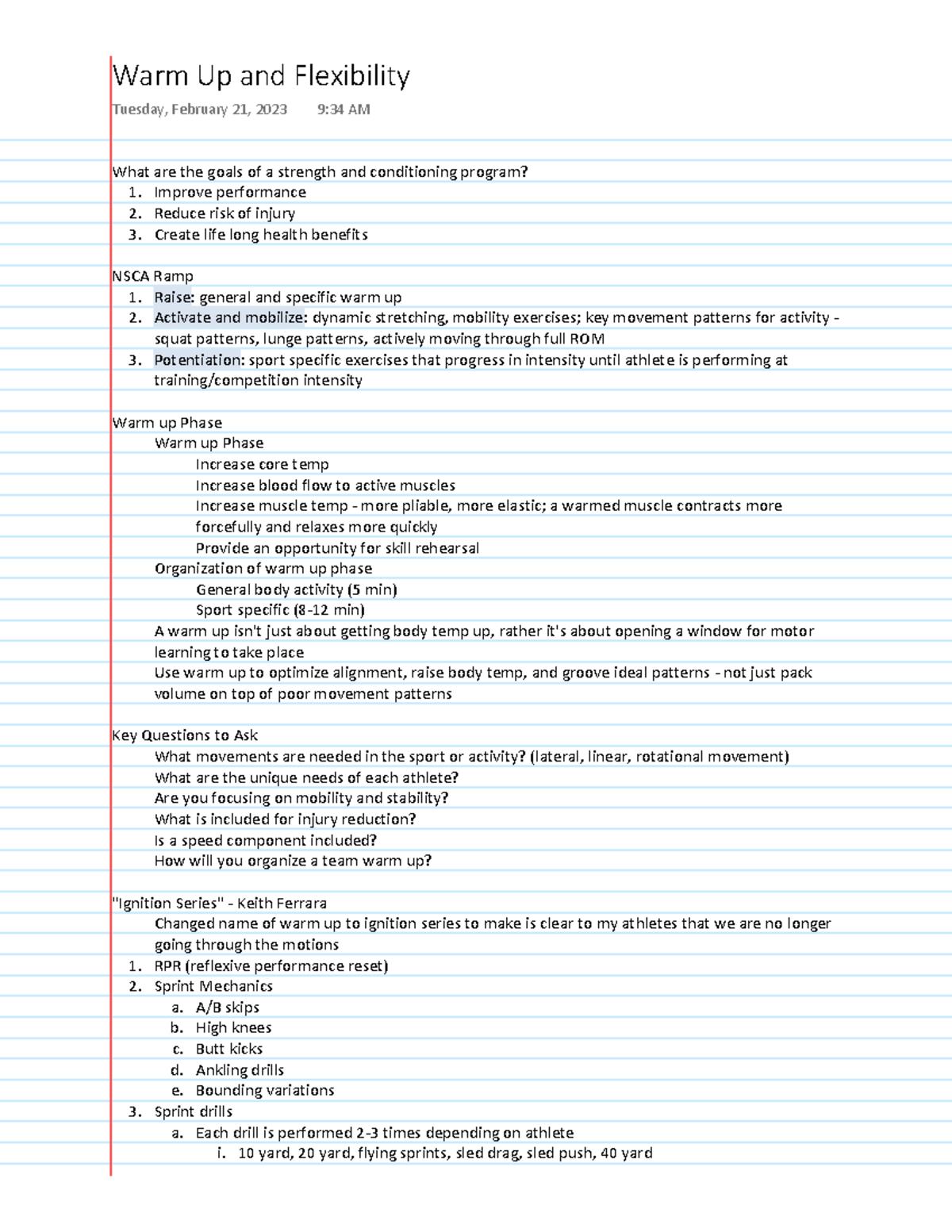 Warm Up and Flexibility Notes - What are the goals of a strength and ...