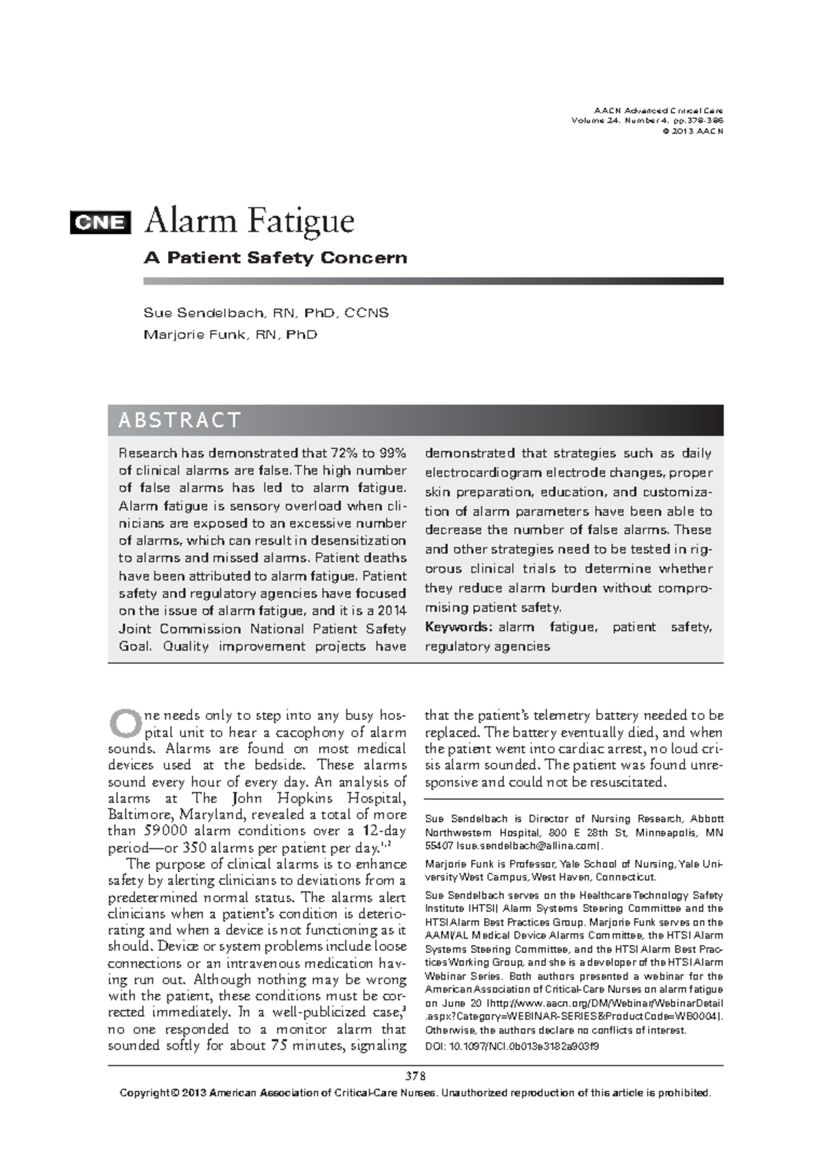 Alarm Fatigue-A Patient Safety Concern-1 (1) - 378 AACN Advanced ...