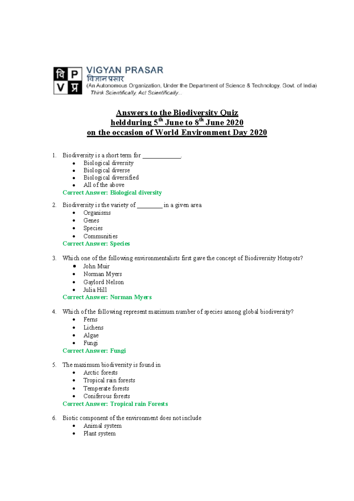 Results of Biodiversity Quiz - Answers to the Biodiversity Quiz ...