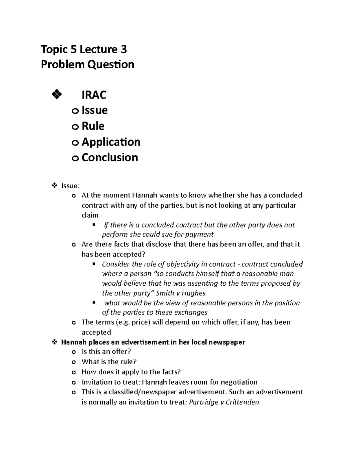 Contract Law Lecture 19 Problem Question Topic 5 Lecture 3 Problem Question Irac O Issue O