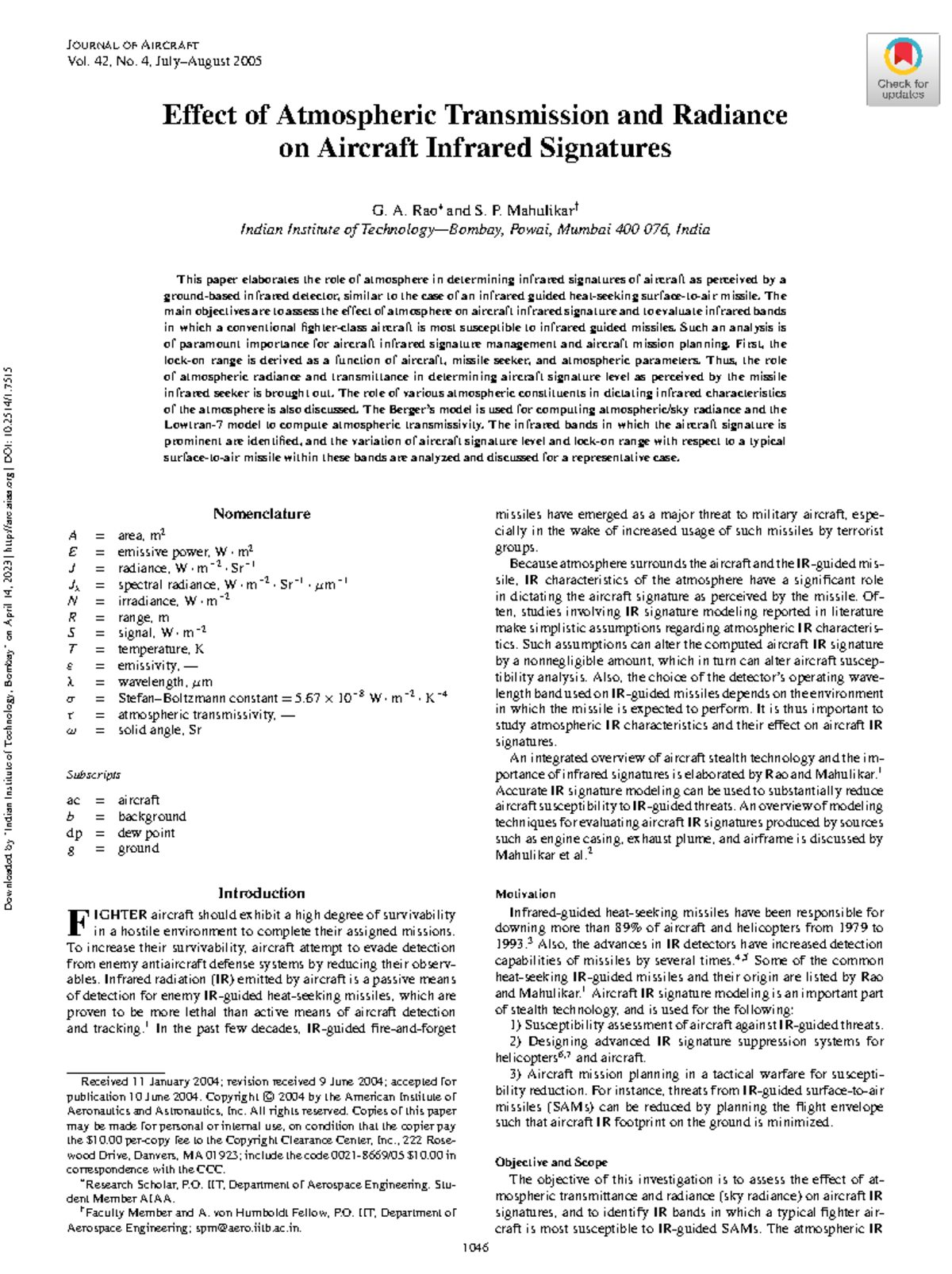 Effect of atmospheric transmission and radiance on aircraft infared ...