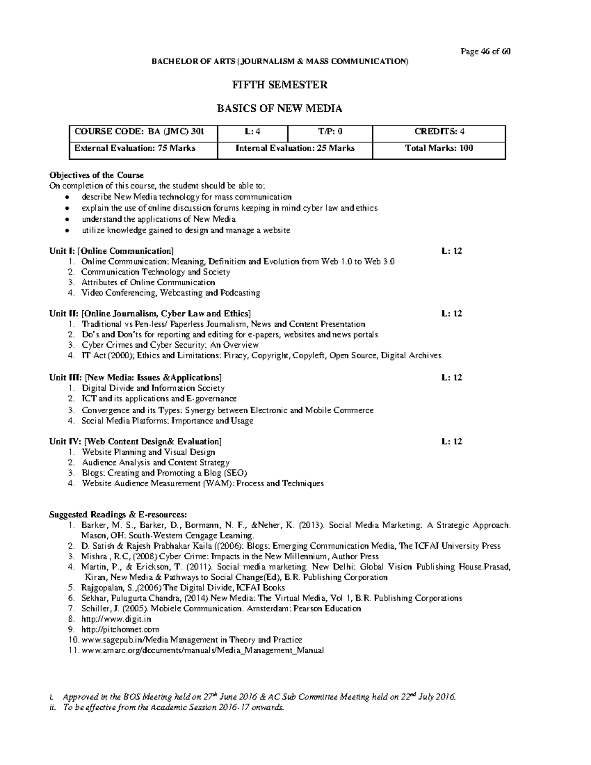 Fifth seM syllabus - BACHELOR OF ARTS (JOURNALISM & MASS COMMUNICATION ...