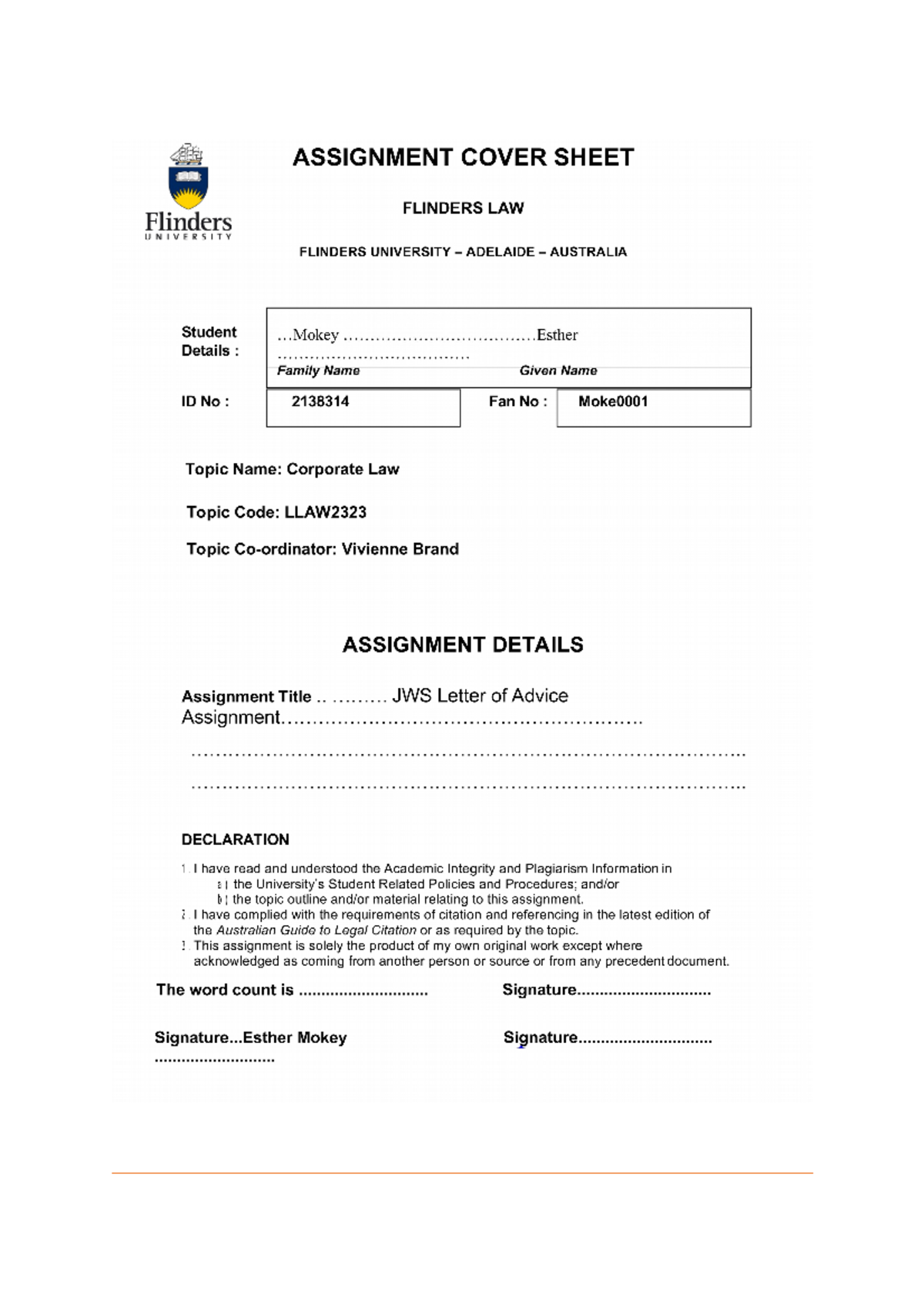 Compulsory assignment, Letter of Advice, Grade C - Letter of Advice 123 ...