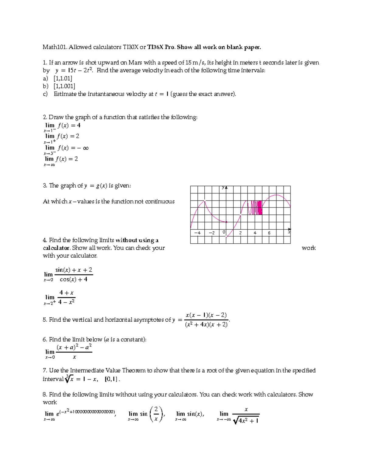 Math101 Exam One Aug 2020 calculus 1 exam - Math101. Allowed ...