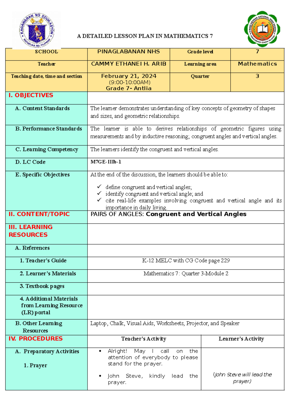 LP3-Vertical and Congruent - A DETAILED LESSON PLAN IN MATHEMATICS 7 ...