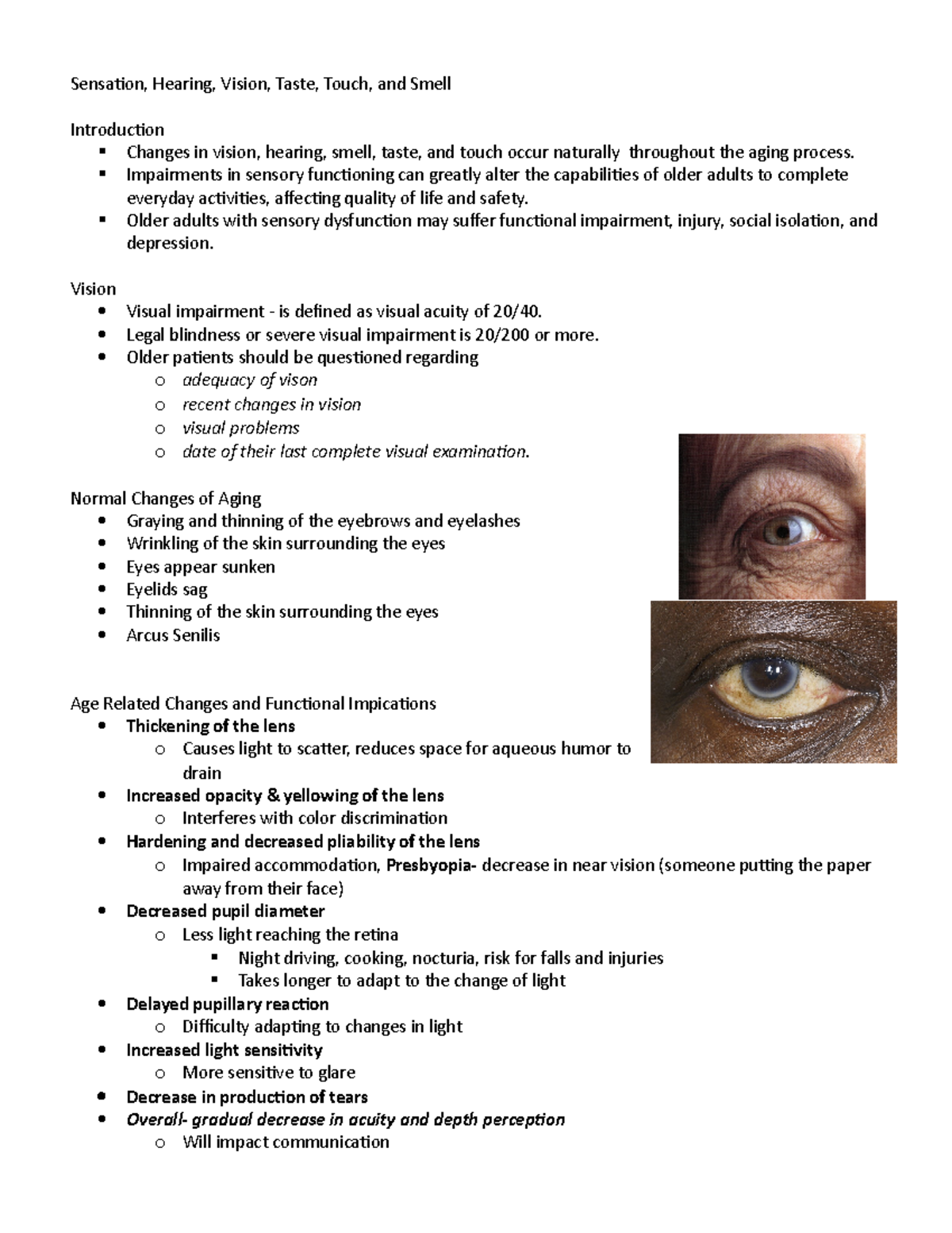 2020-NURS421 Sensory lecture notes - Sensation, Hearing, Vision, Taste ...