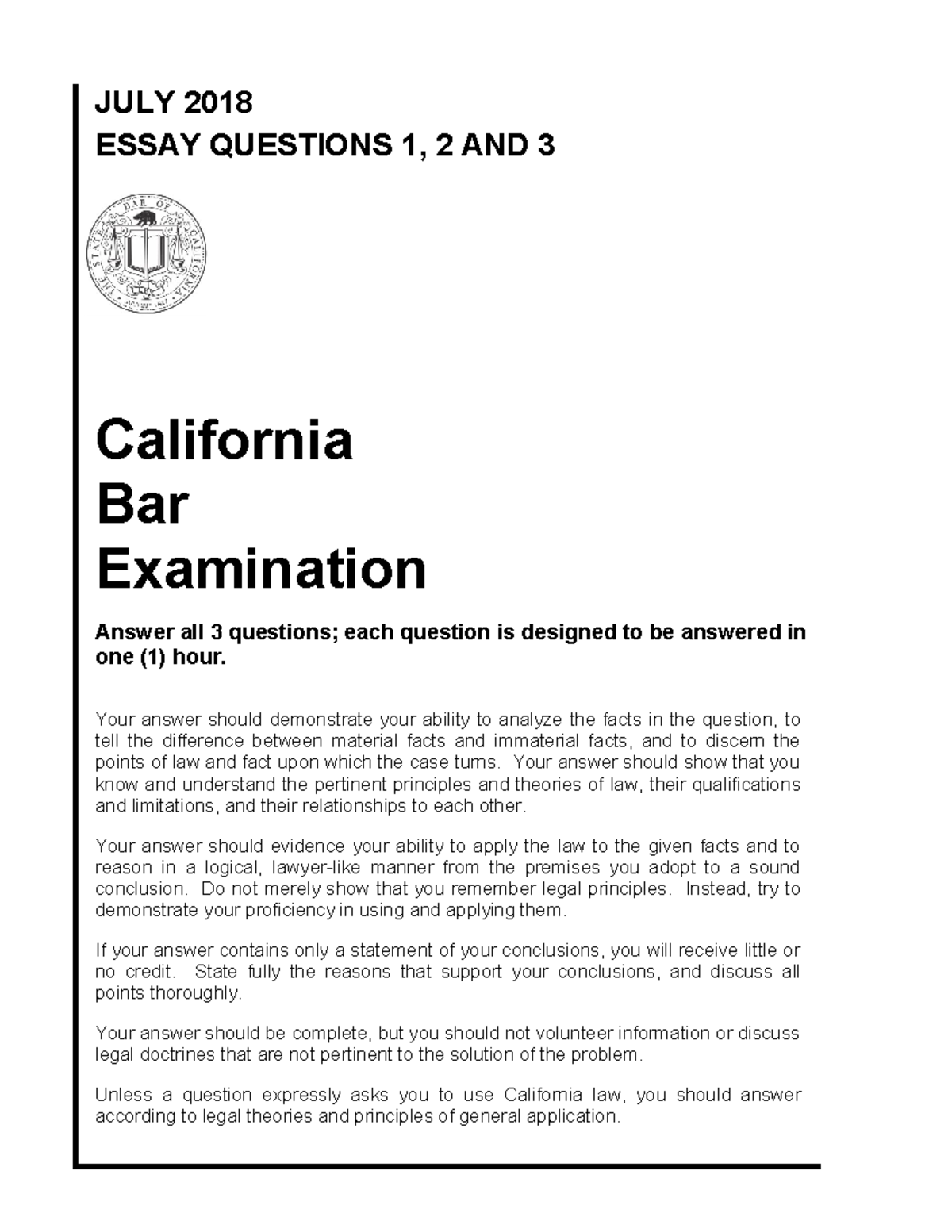 July2018 CBX - q and a - JULY 2018 ESSAY QUESTIONS 1, 2 AND 3 ...
