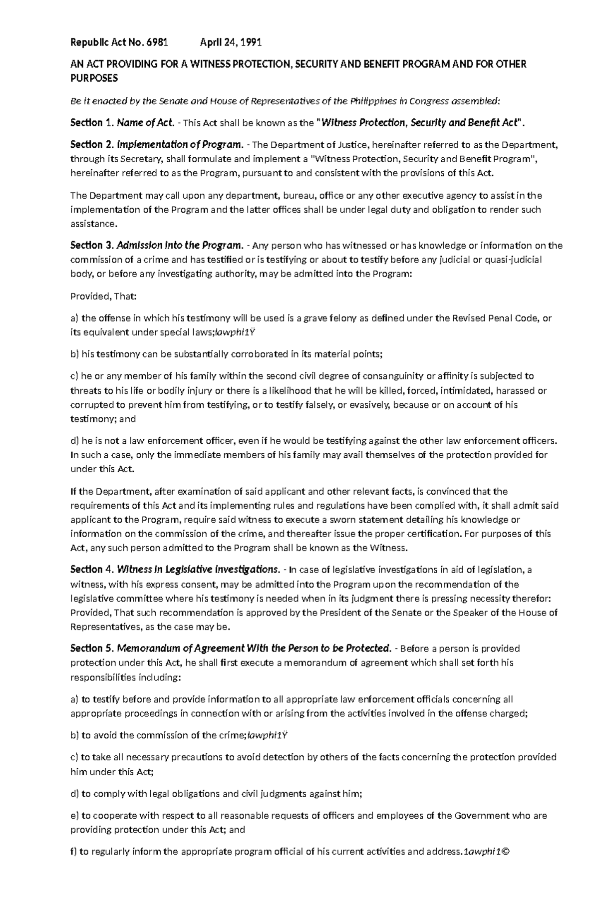 Republic Act No 6981 - assignment for CA - Republic Act No. 6981 April ...