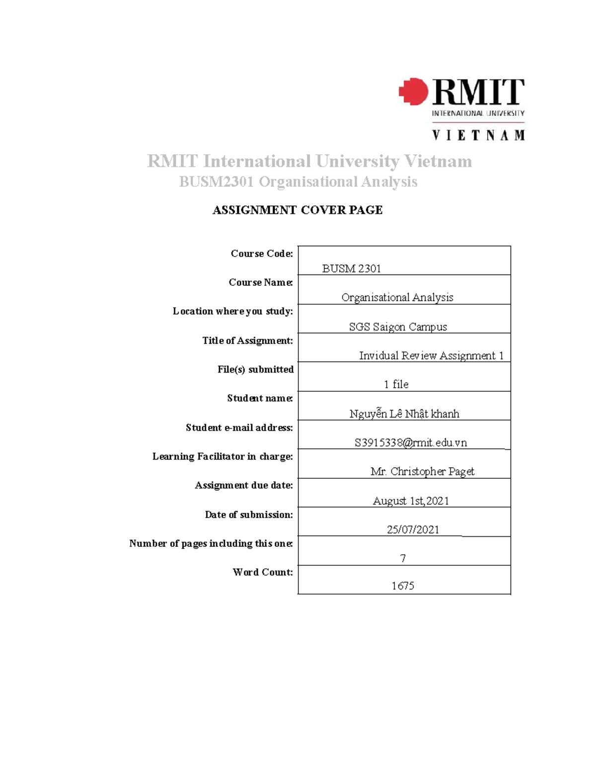 Invidual Assignment 1 OA - RMIT International University Vietnam ...
