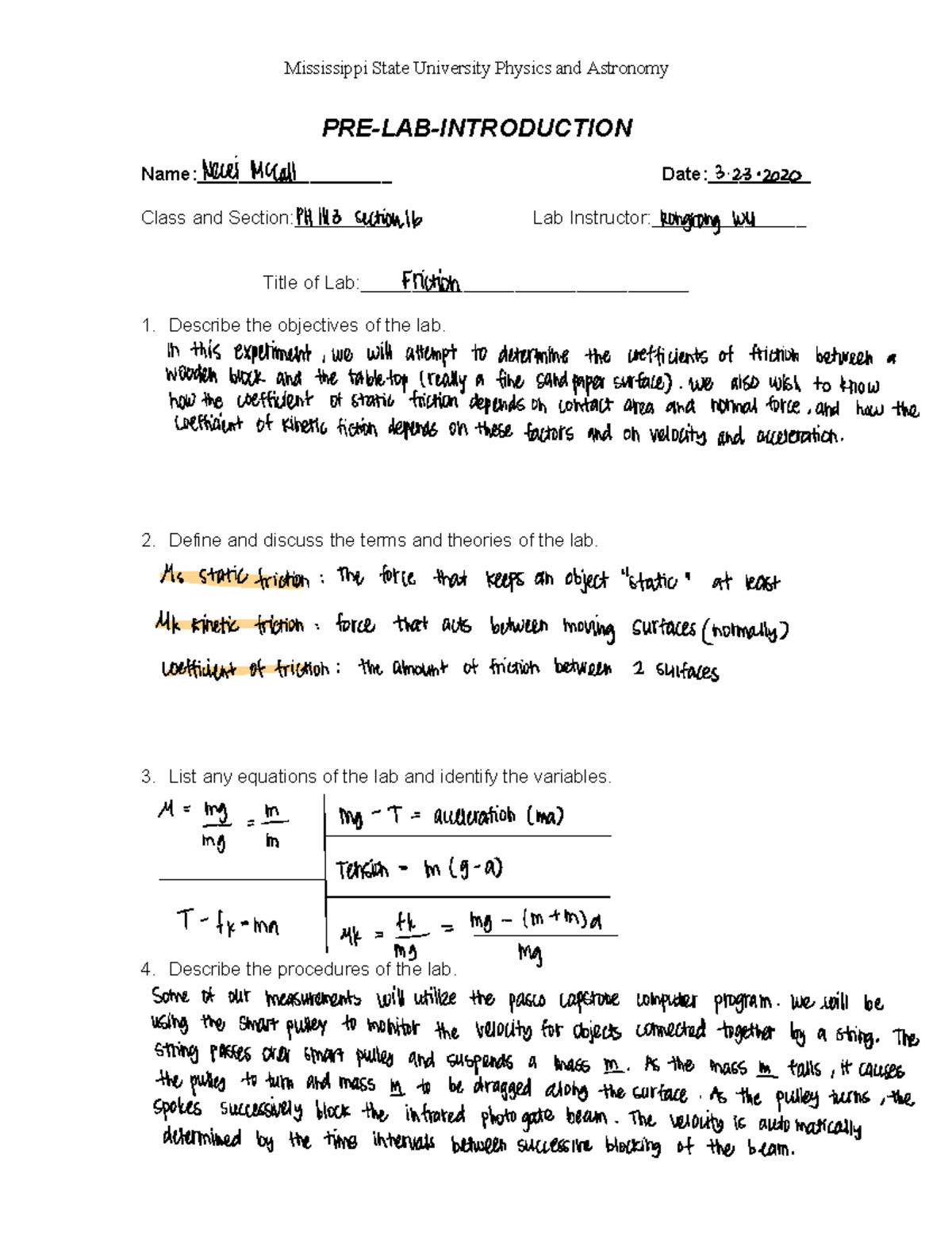 Lab 9- Friction - Mississippi State University Physics and Astronomy ...