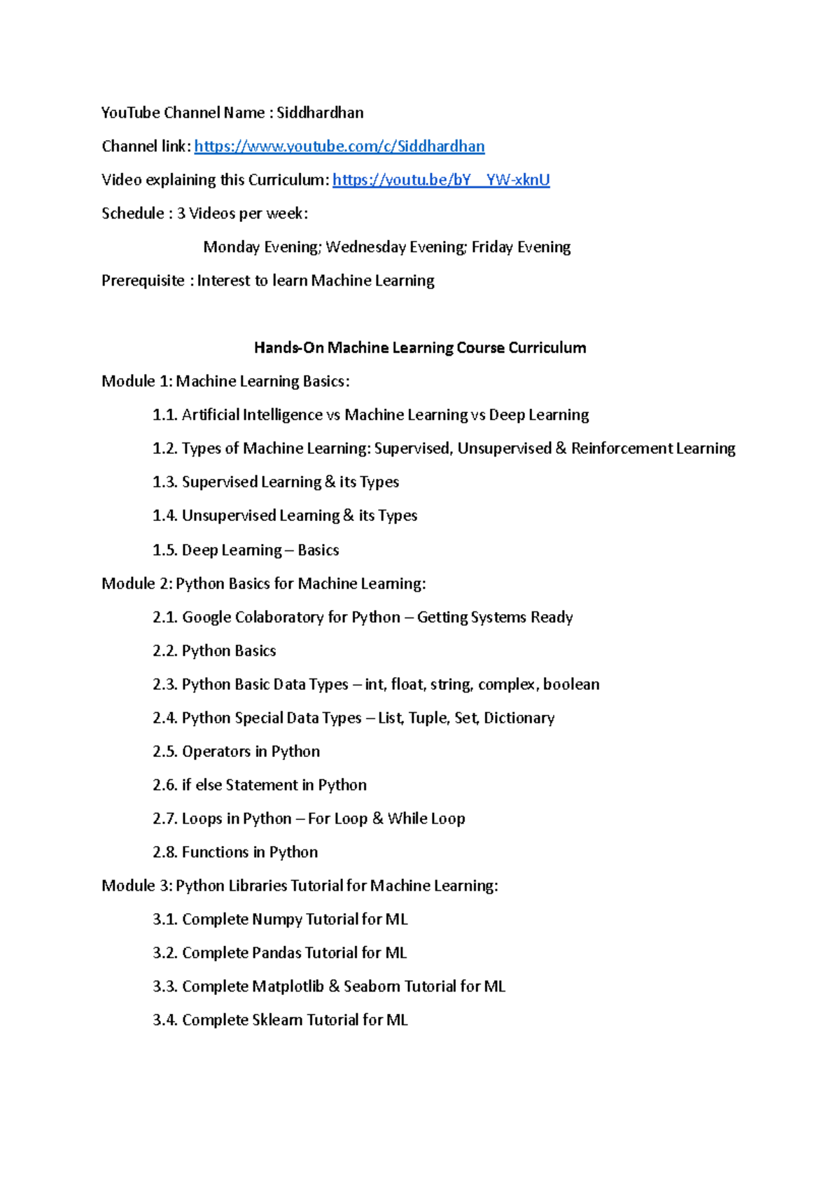 Curriculum for Machine Learning Course - YouTube Channel Name ...