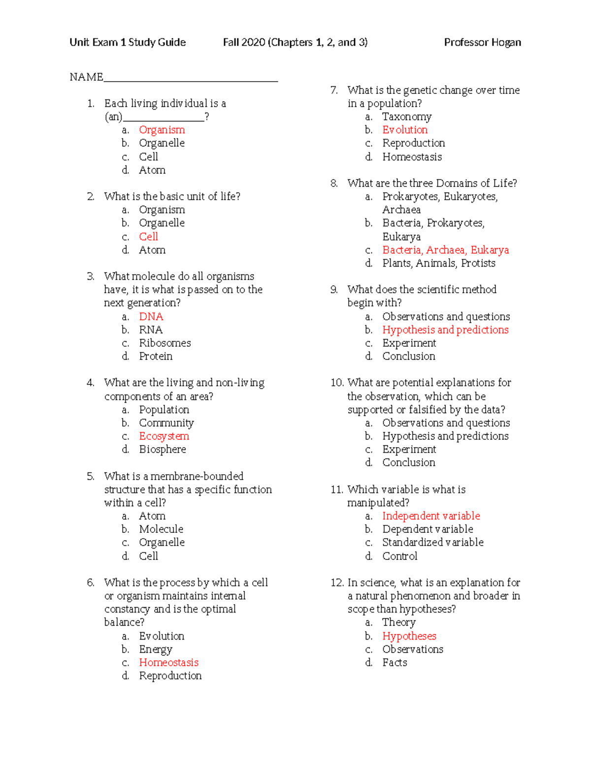 Fall 2020 Unit 1 Study Guide Online-Student Copy1 - NAME ...