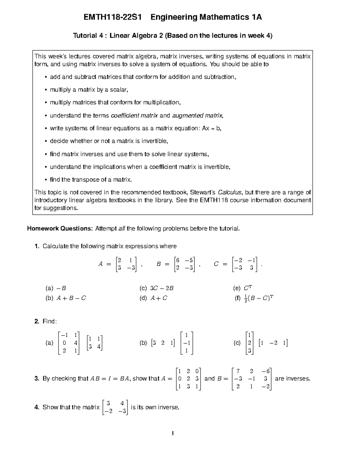 EMTH118-22S1 Tutorial 4 questions - EMTH118-22S1 Engineering Mathematics 1A Tutorial 4 : Linear ...
