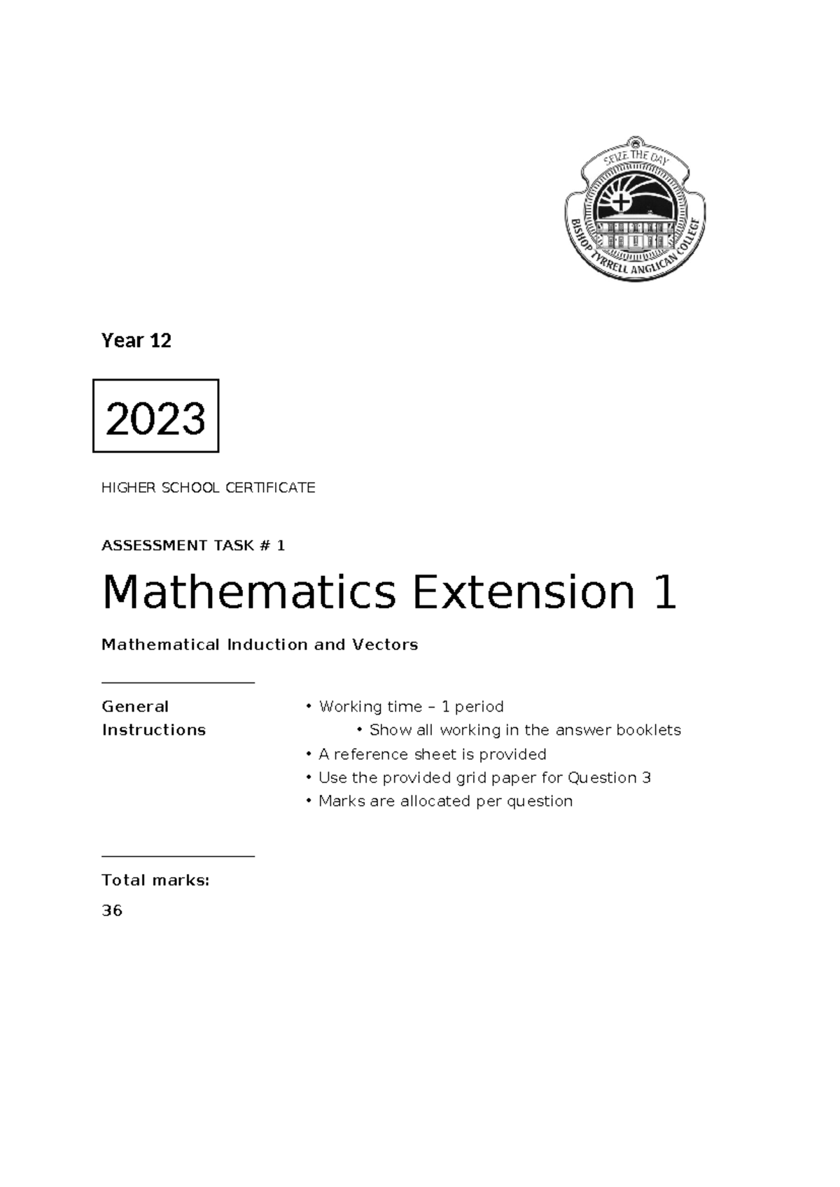 12 Extension 1 Task 1 2023 - Year 12 HIGHER SCHOOL CERTIFICATE ...