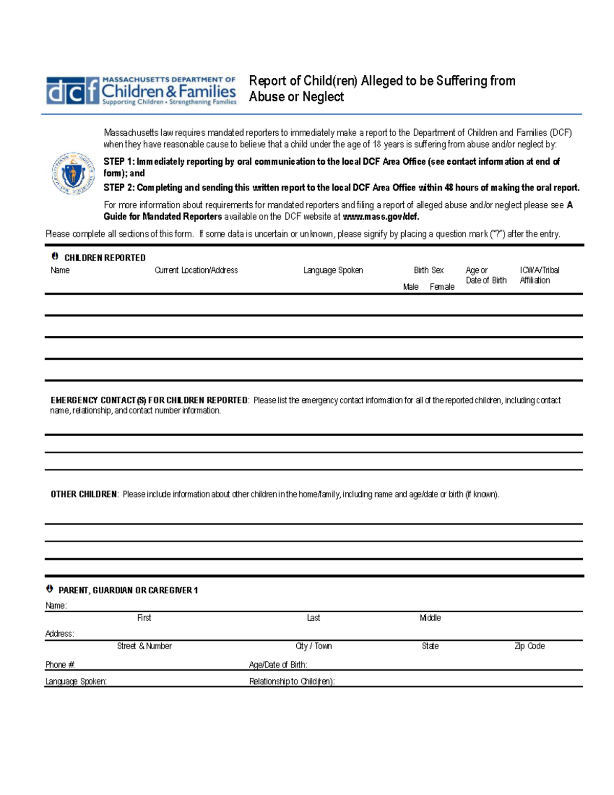 Child abuse reporting form - Report of Child(ren) Alleged to be ...
