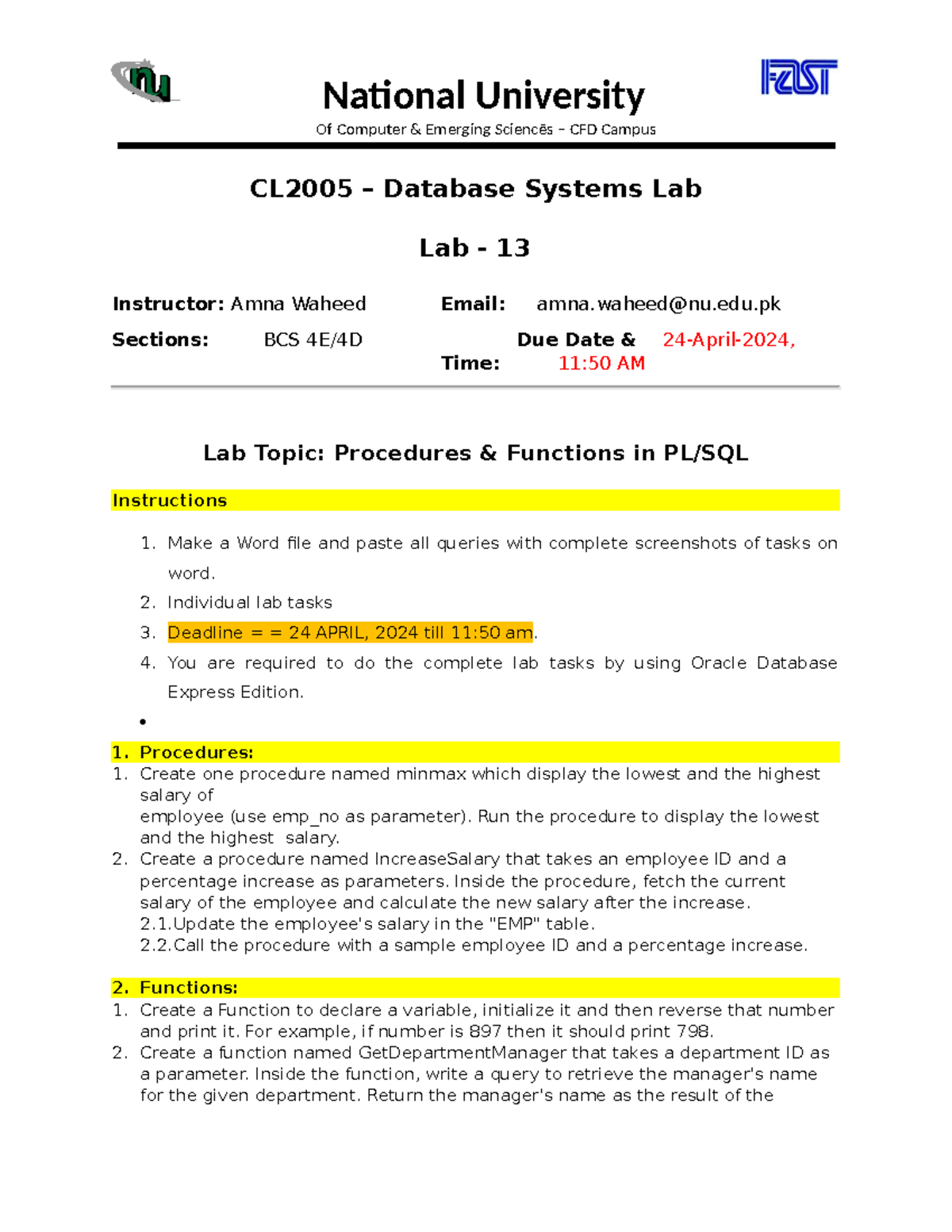Lab 13 Tasks - automata - CL2005 – Database Systems Lab Lab - 13 Instructor: Amna Waheed Email ...