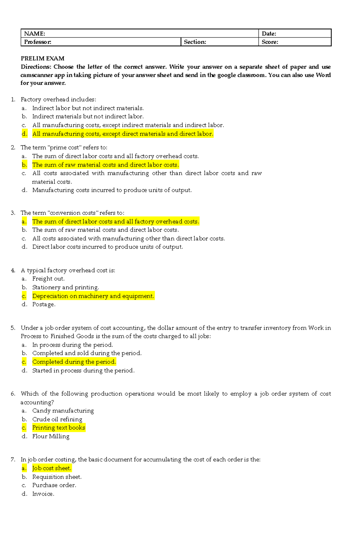 Prelim-EXAM Answers - accounting - NAME: Date: Professor: Section ...