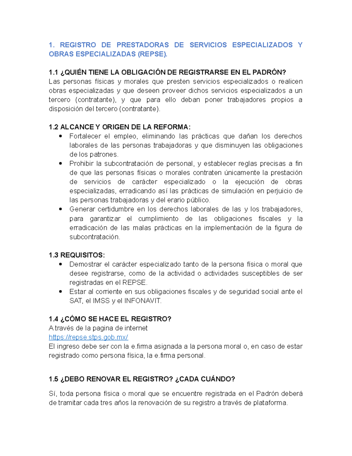 Repse - 1. REGISTRO DE PRESTADORAS DE SERVICIOS ESPECIALIZADOS Y OBRAS ...
