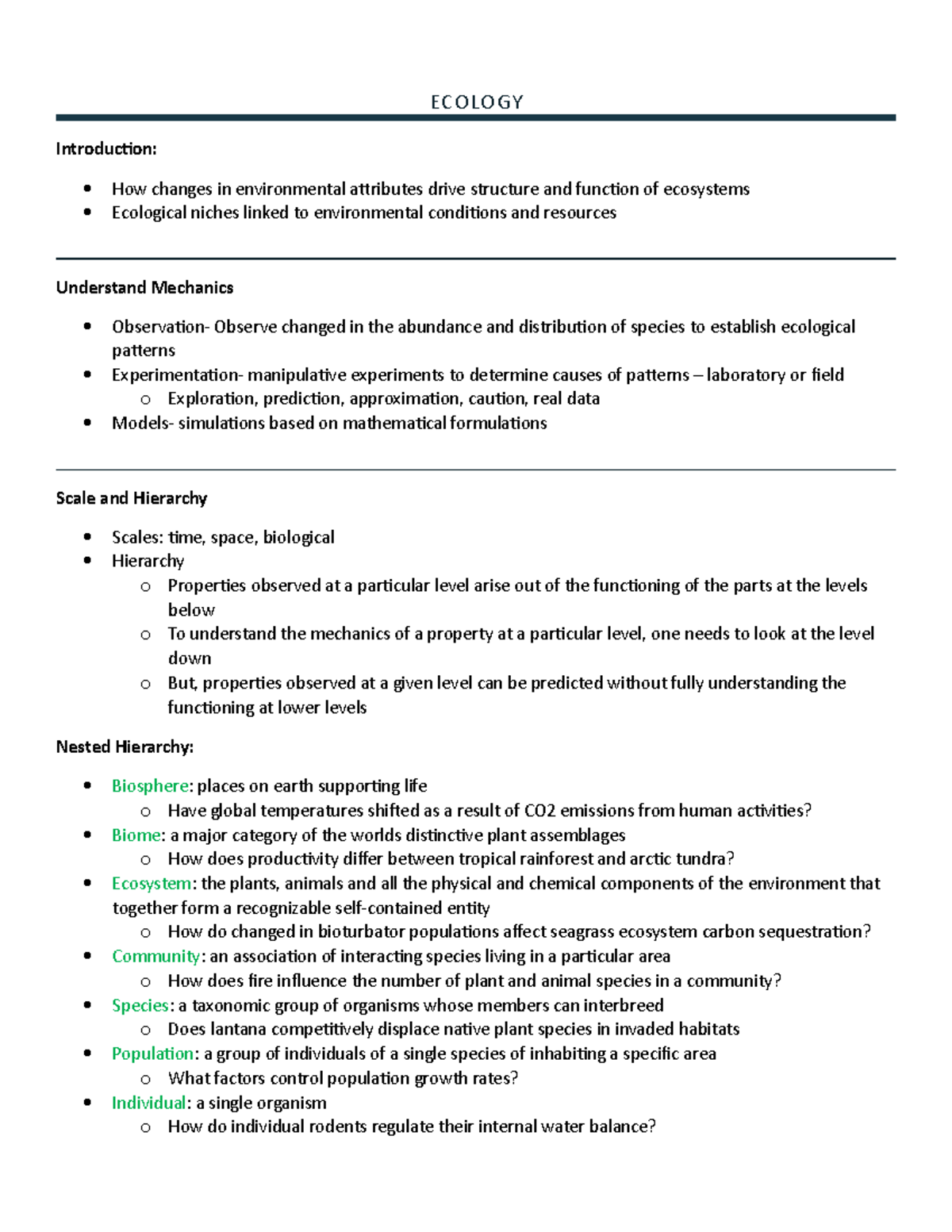 Ecological Principles - ECOLOGY Introduction: How changes in ...