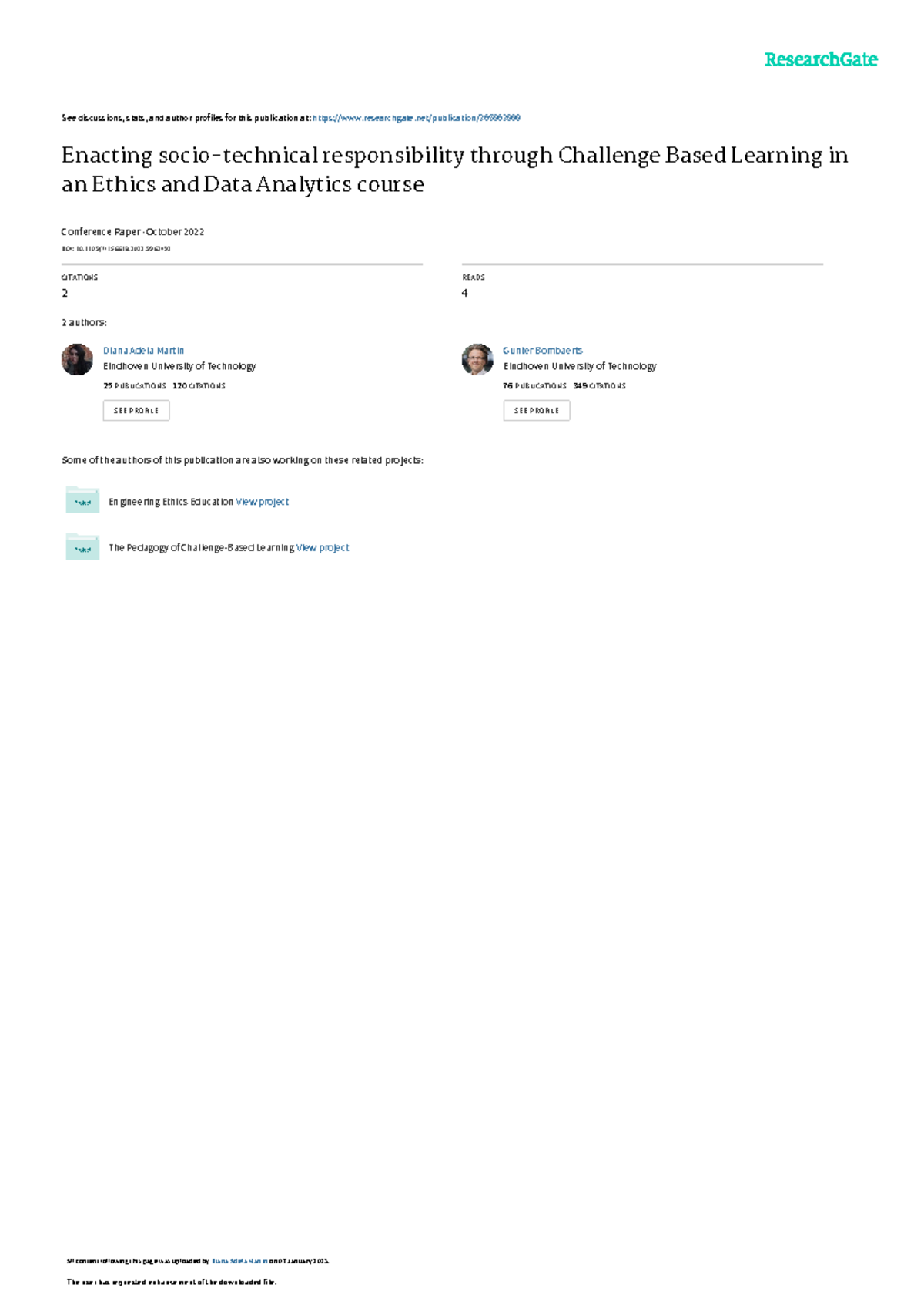 technical responsibility through Challenge Based Learning - 1109/FIE56618. CITATIONS 2 READS 4 ...