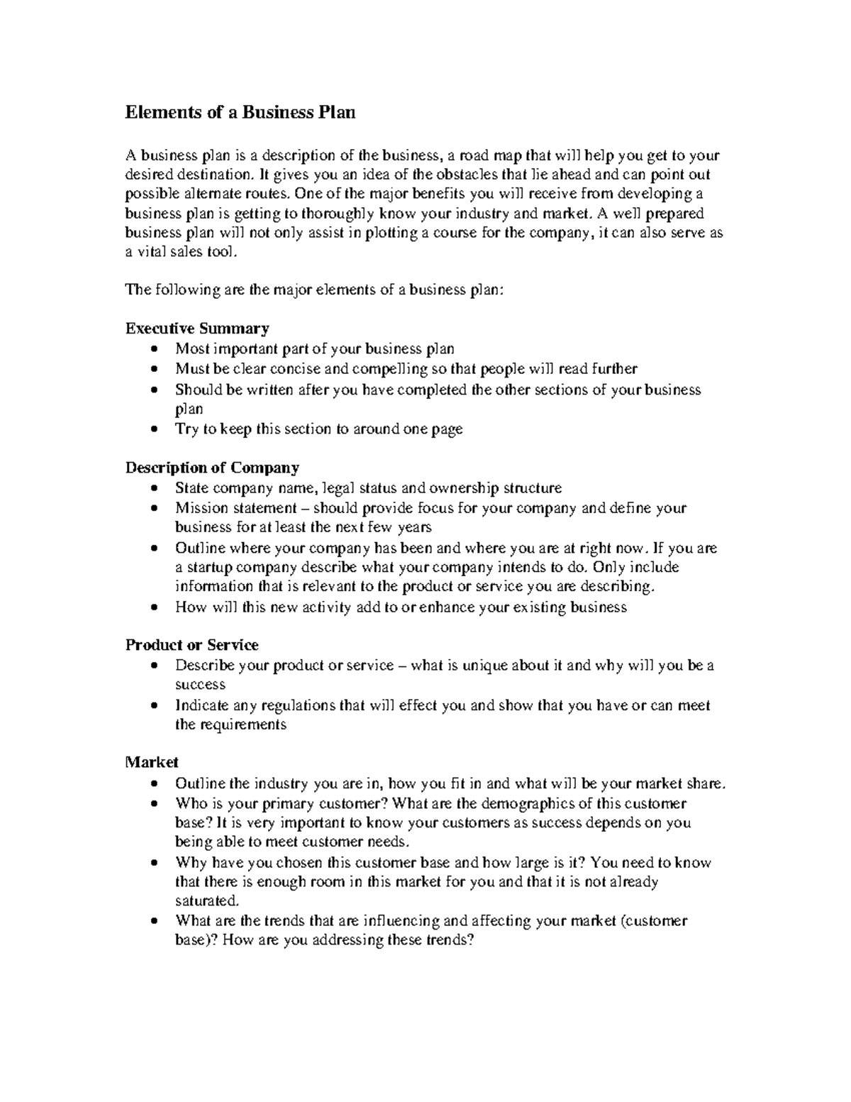 Elements Of A Business Plan Elements Of A Business Plan A Business