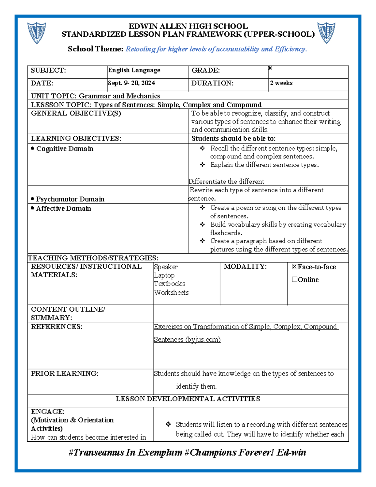 Grade 10 English Language Lesson Plan - STANDARDIZED LESSON PLAN ...