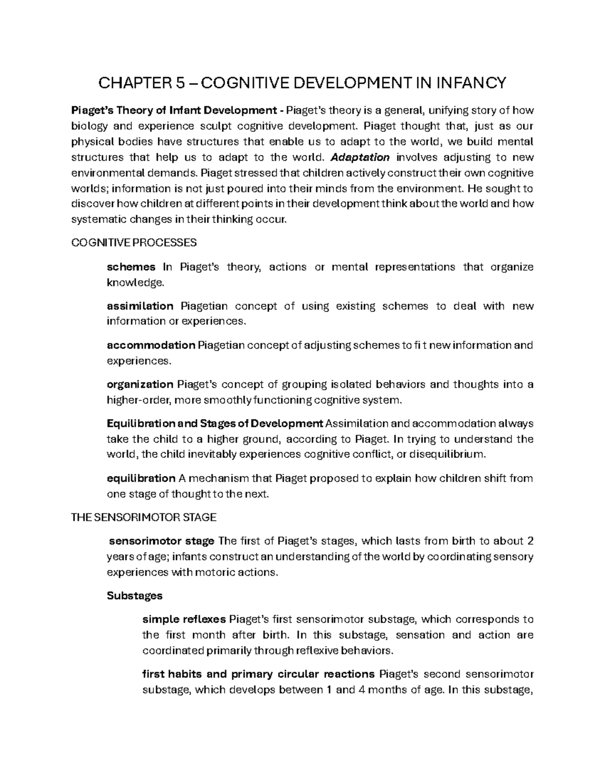 Developmental Psychology Chapter 5 Summary - CHAPTER 5 – COGNITIVE DEVELOPMENT IN INFANCY Piaget ...