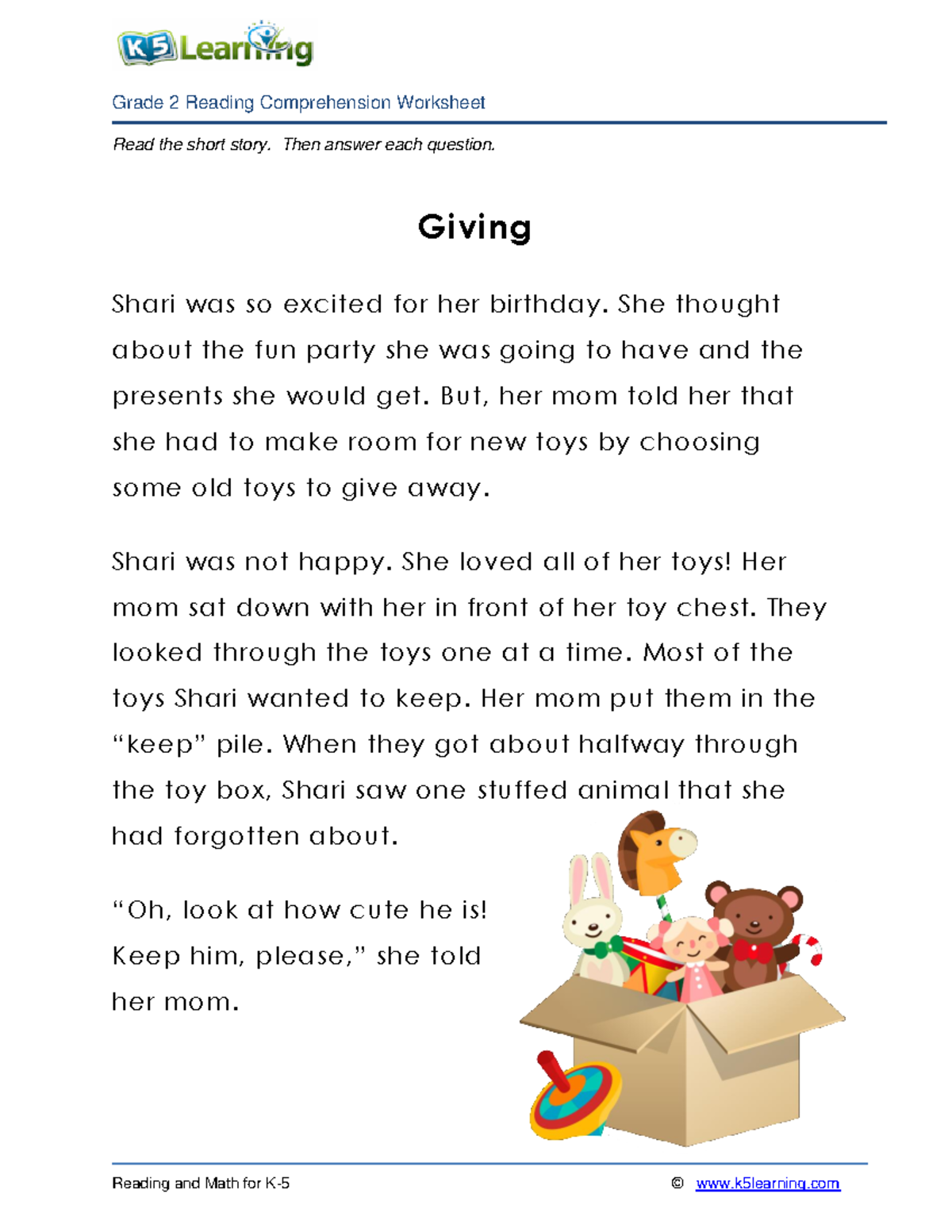 2nd Grade 2 Reading Giving Read The Short Story Then Answer Each 