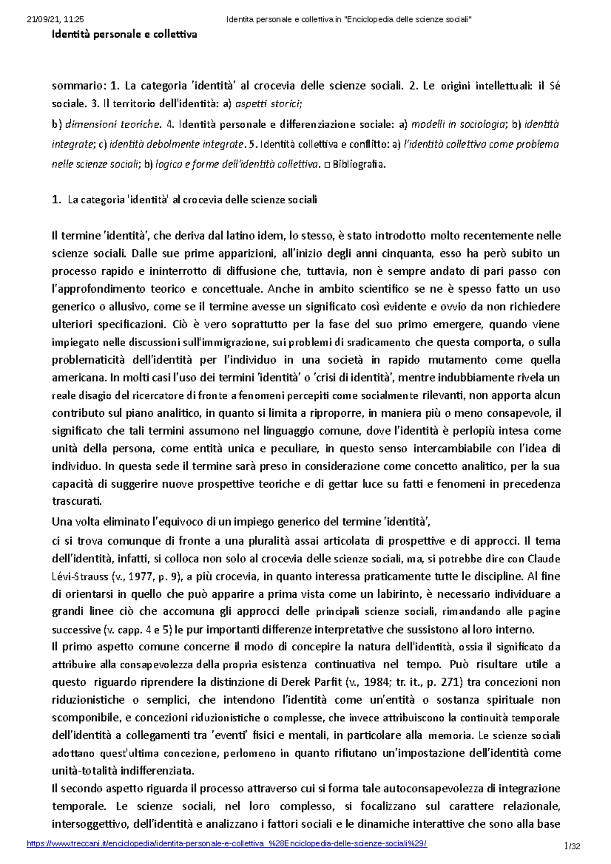 Identita personale e collettiva in Enciclopedia delle scienze sociali ...