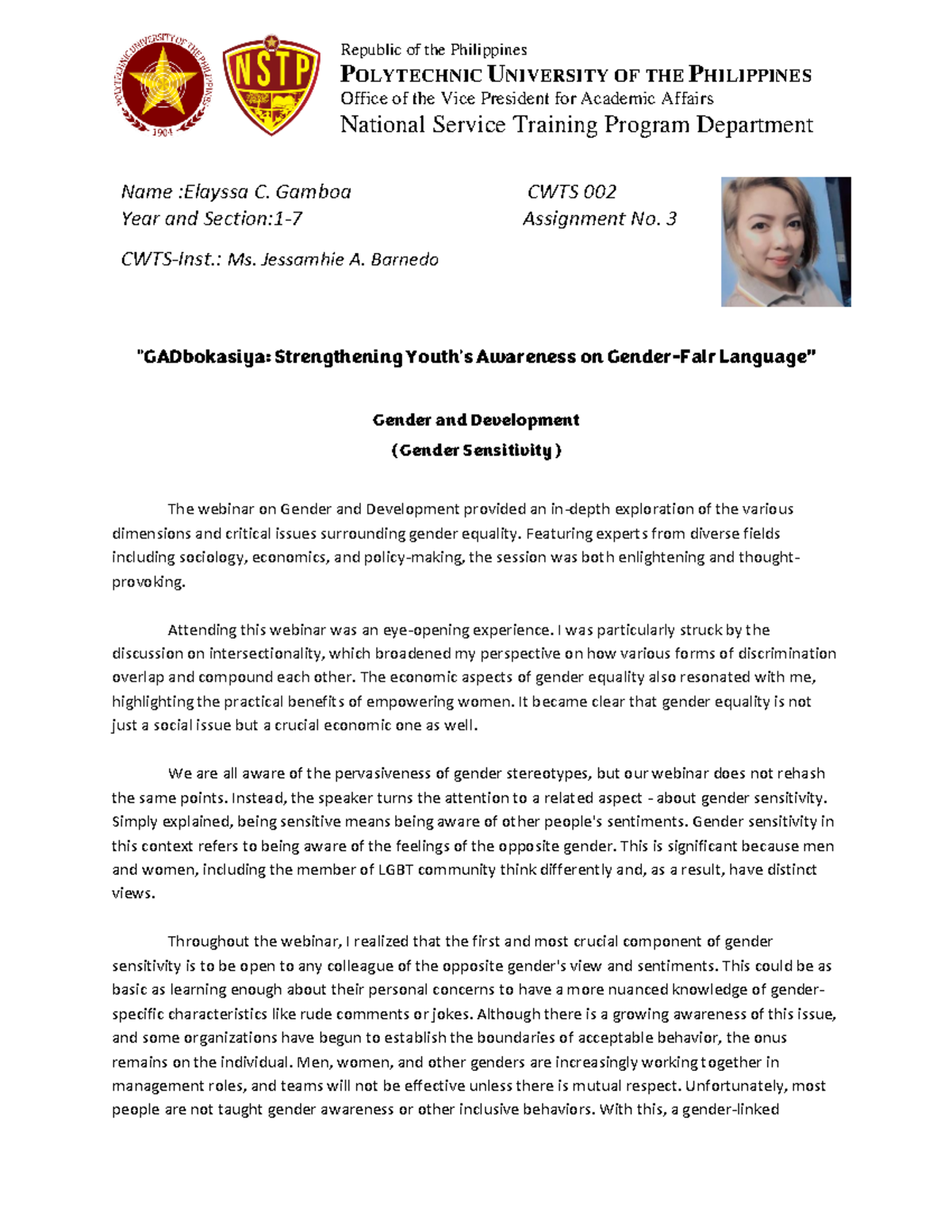 Gamboa Elayssa - Assignment no.3- Gender and Development - Republic of ...
