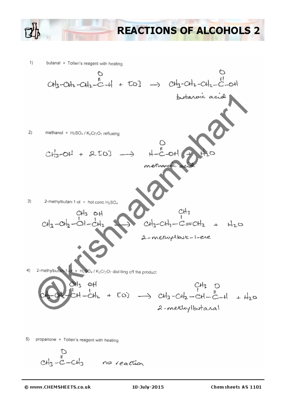 Chemsheets AS 1101 Reactions of alcohols 2 ANS dnfyb 6 - REACTIONS OF ALCOHOLS © CHEMSHEETS.co ...