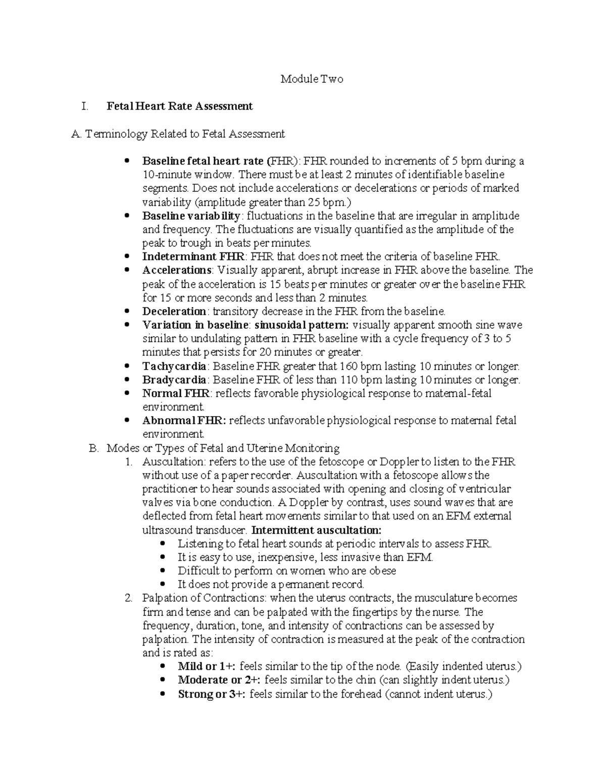 Module Two - study guide - Module Two I. Fetal Heart Rate Assessment A ...