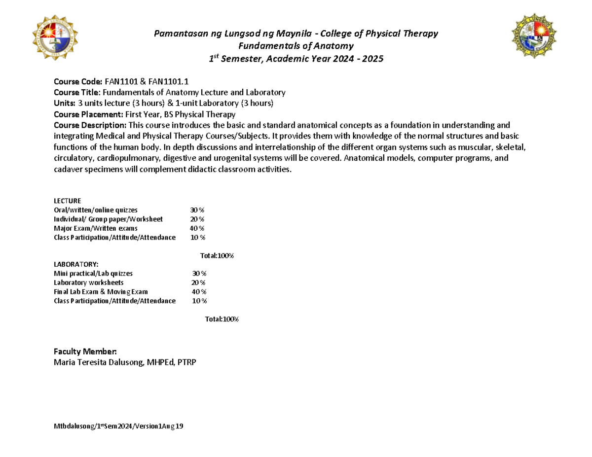 Course Outline Schedule in Fundamentals of Anatomy 2024 VER 1 Blended ...