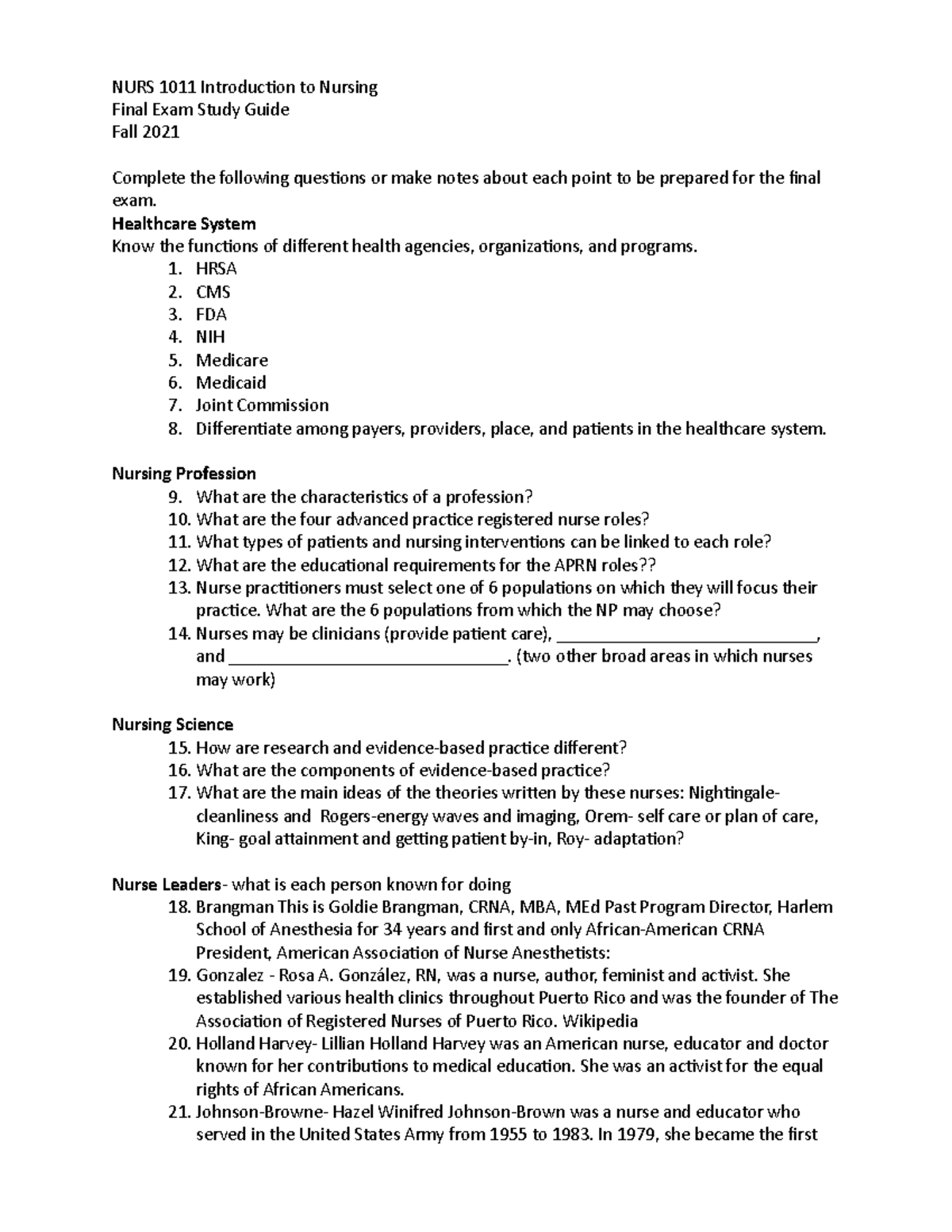 Nursing study guide - NURS 1011 Introduction to Nursing Final Exam ...