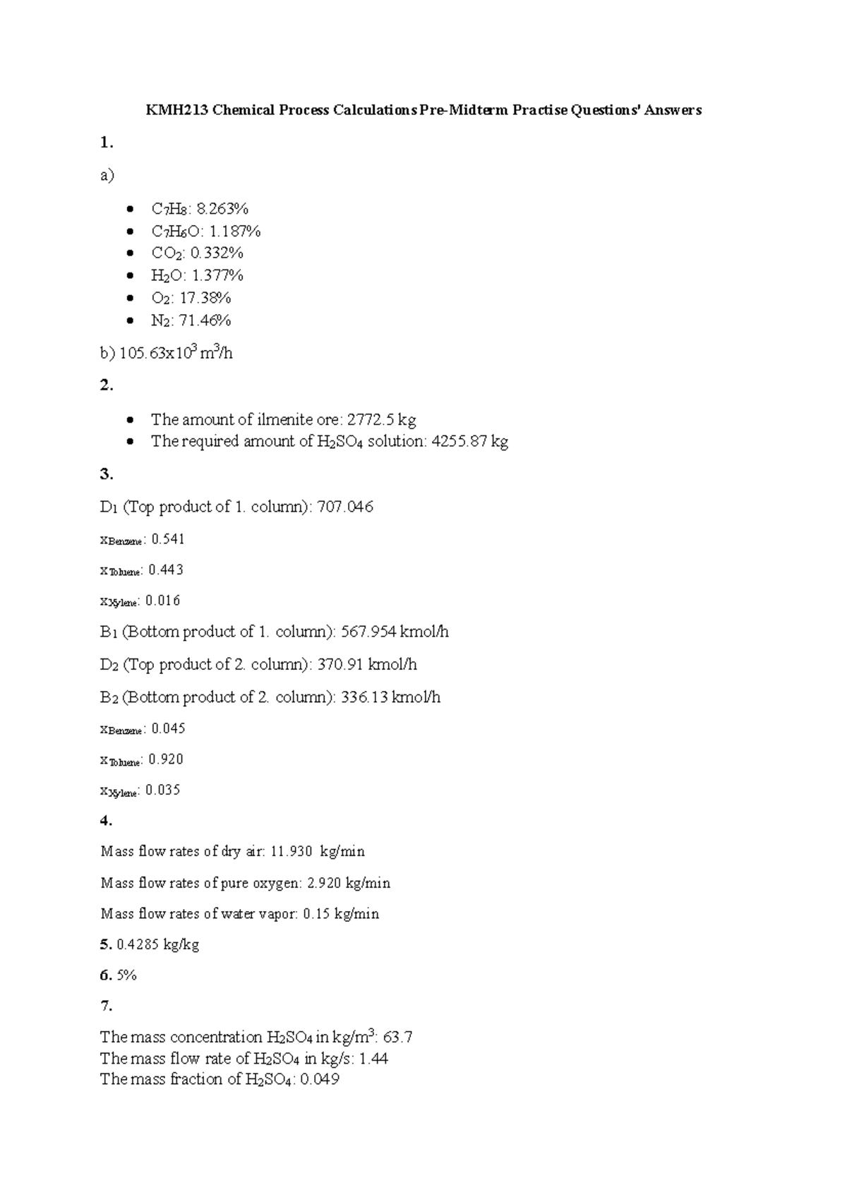 KMH213 Chemical Process Calculations Pre-Midterm Practise Questions ...