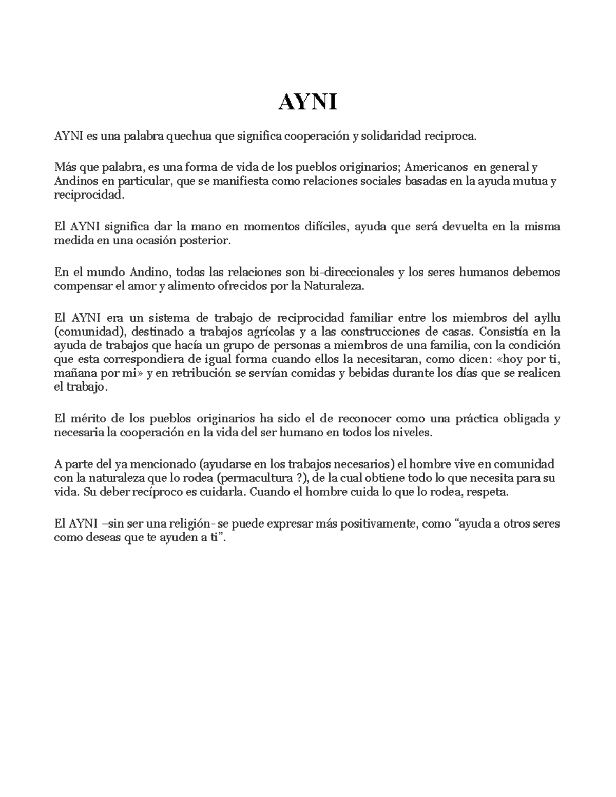 El Ayni caracteristicas - AYNI AYNI es una palabra quechua que ...