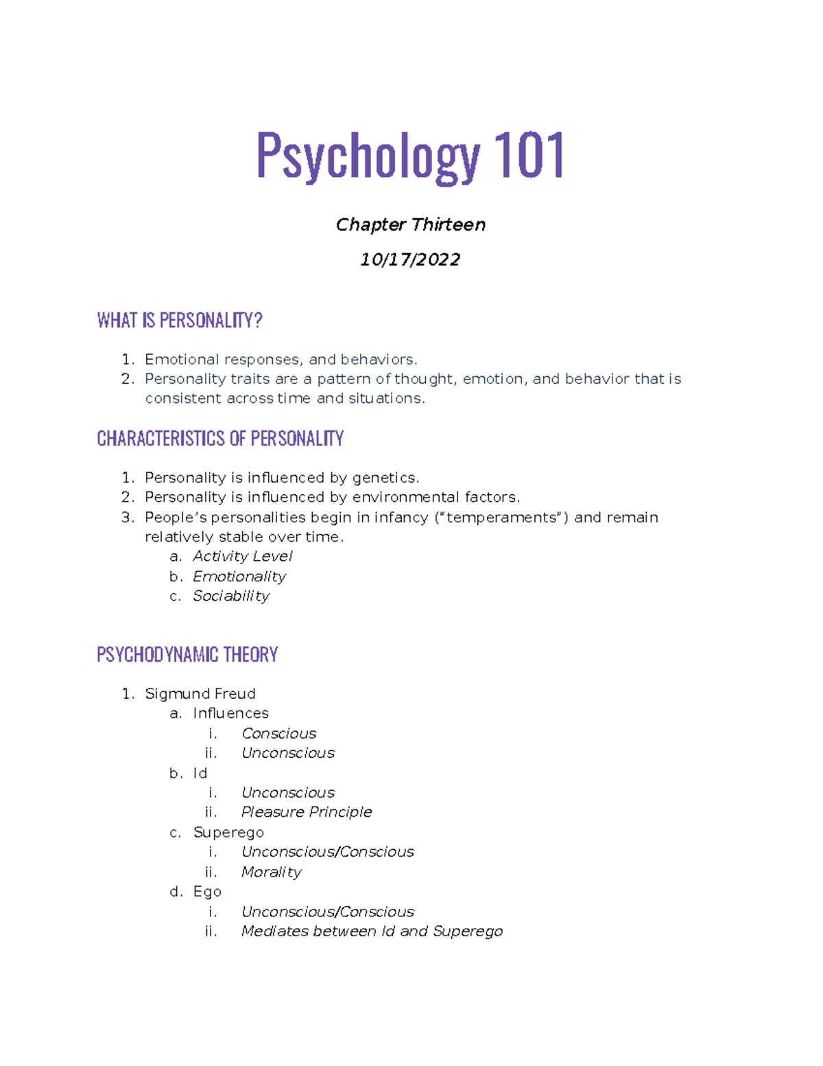 PY 101 - Chapter Thirteen Notes - Psychology 101 Chapter Thirteen 10/17 ...